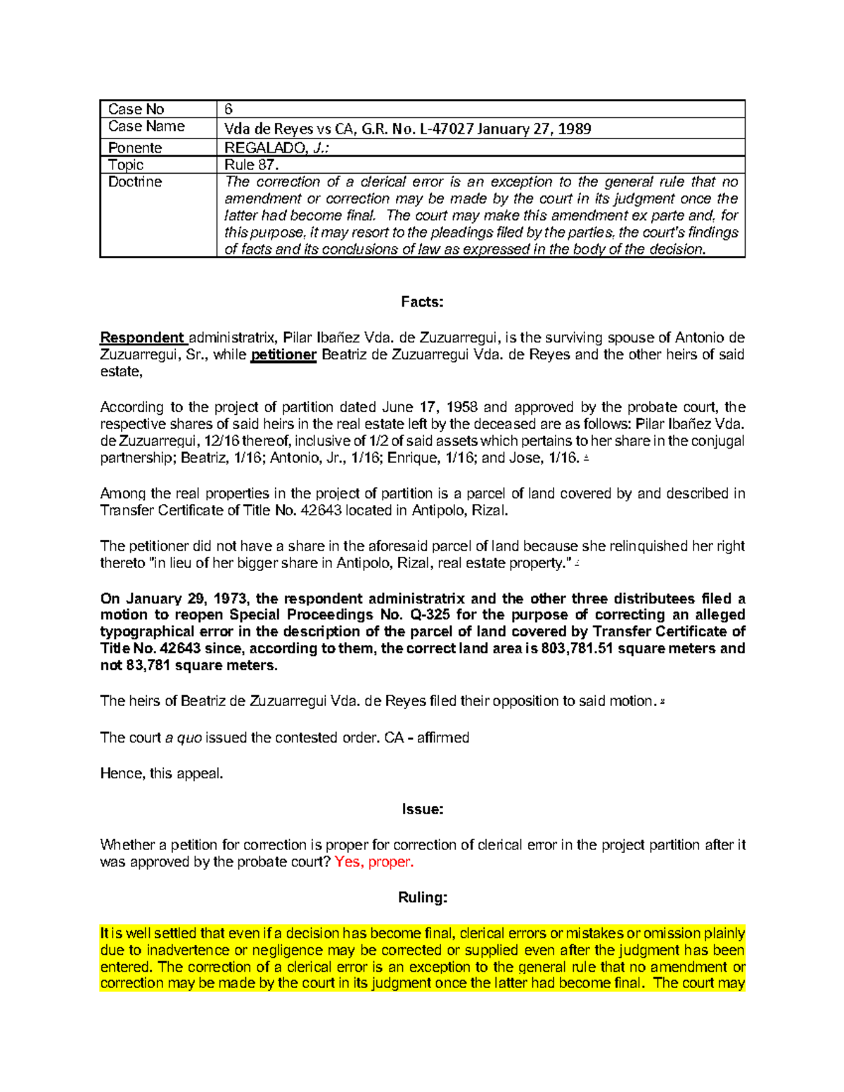 (6) Vda de Reyes vs. CA, Rule 87 - Case No 6 Case Name Vda de Reyes vs ...