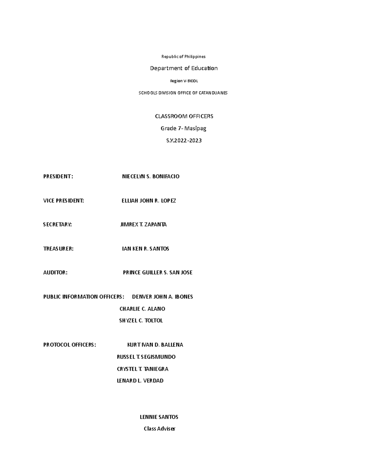 Bnhs officers - Notes - Republic of Philippines Department of Education ...