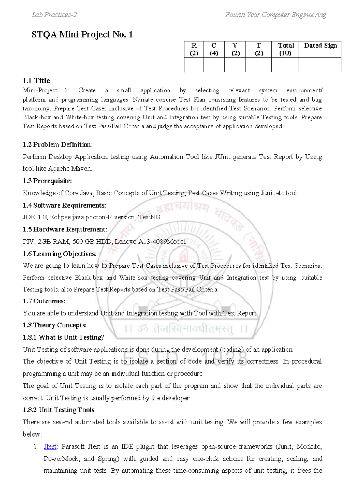 Stqa mini-project-1 - mini project - STQA Mini Project No. 1 1 Title ...