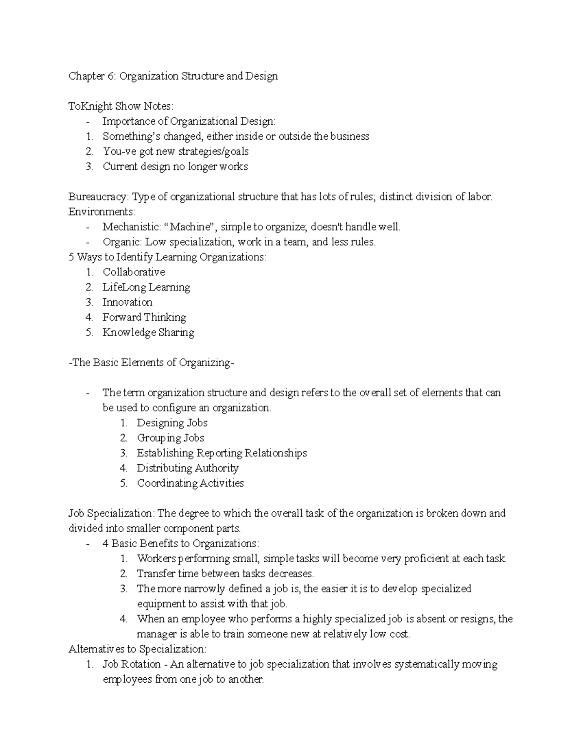 Man Ch 6 Notes From Textbook And Lectures Chapter 6 Organization Structure And Design