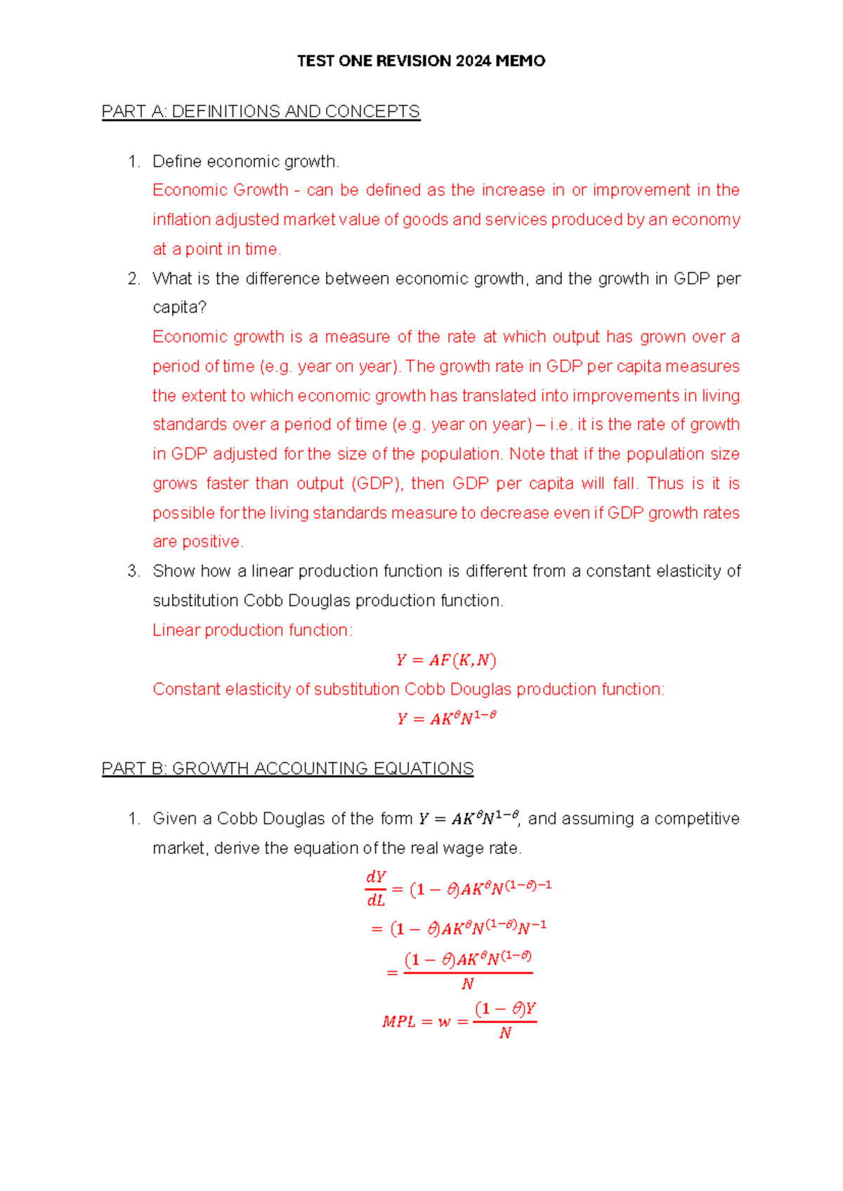 Macroeconomics Revision MEMO - PART A: DEFINITIONS AND CONCEPTS Define economic growth. Economic ...