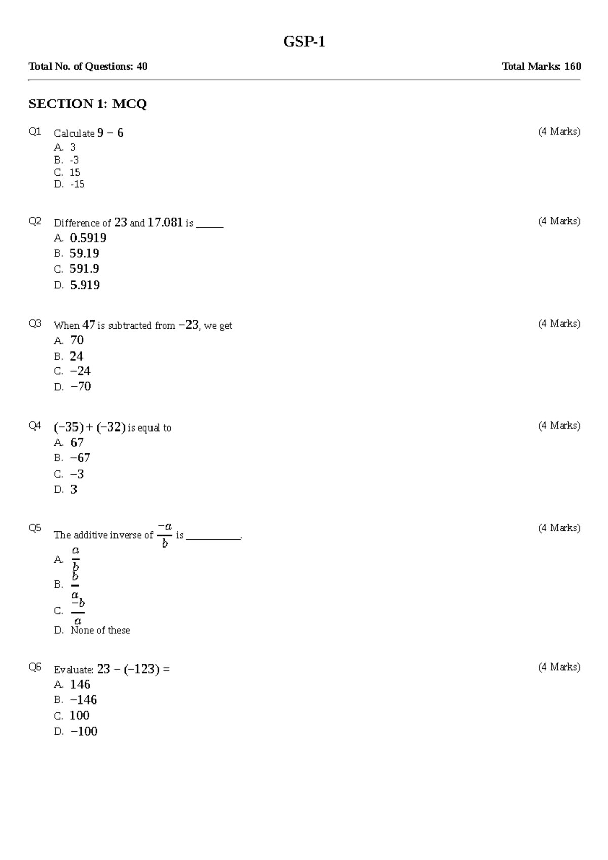 Gsp-1 - Copy - fhfhfh - GSP- Total No. of Questions: 40 Total Marks ...