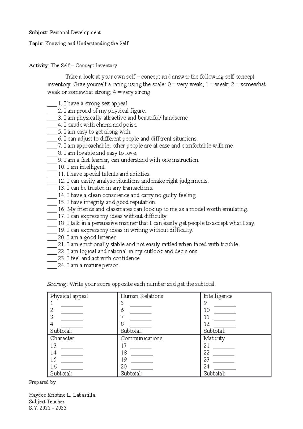 The self - concept inventory - Subject: Personal Development Topic: Knowing and Understanding ...