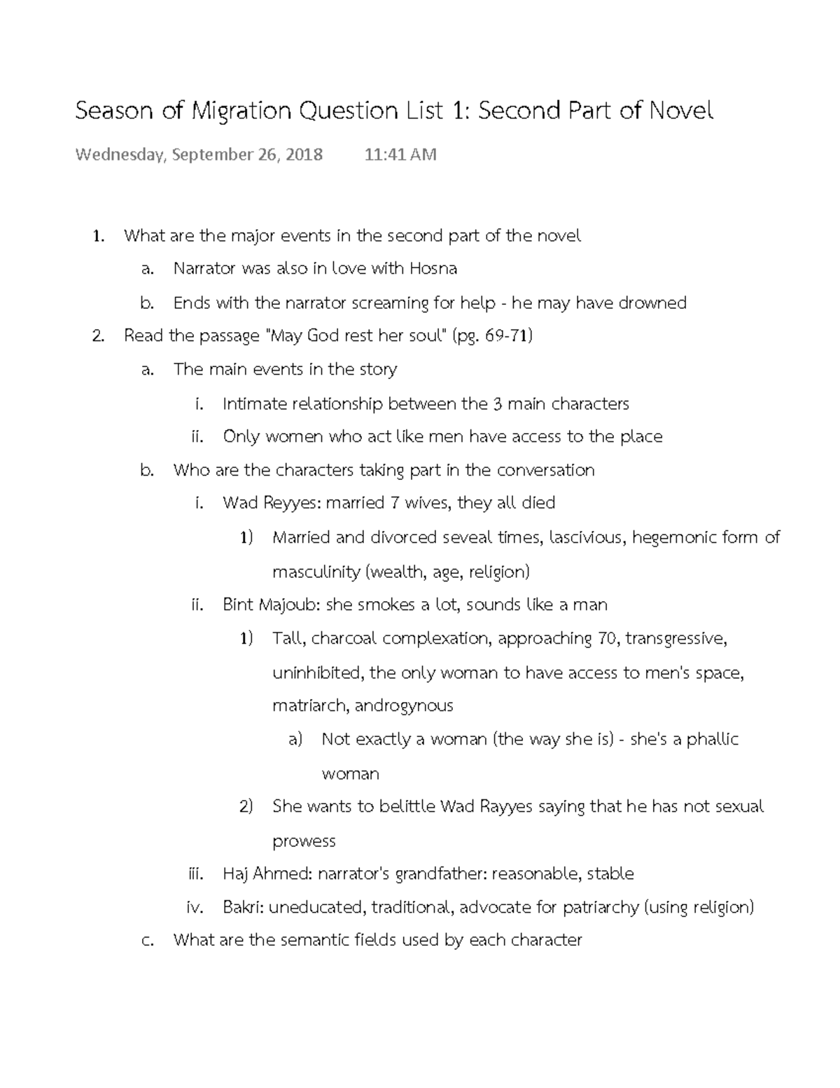 Season of Migration Question List 1 Second Part of Novel - What are the ...