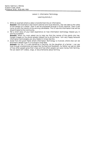 Q034 Lesson 5 Module 2 (ACT 1) Petrola - Name: Katrina C. Petrola Subject Code: Q Schedule: 8:00 ...