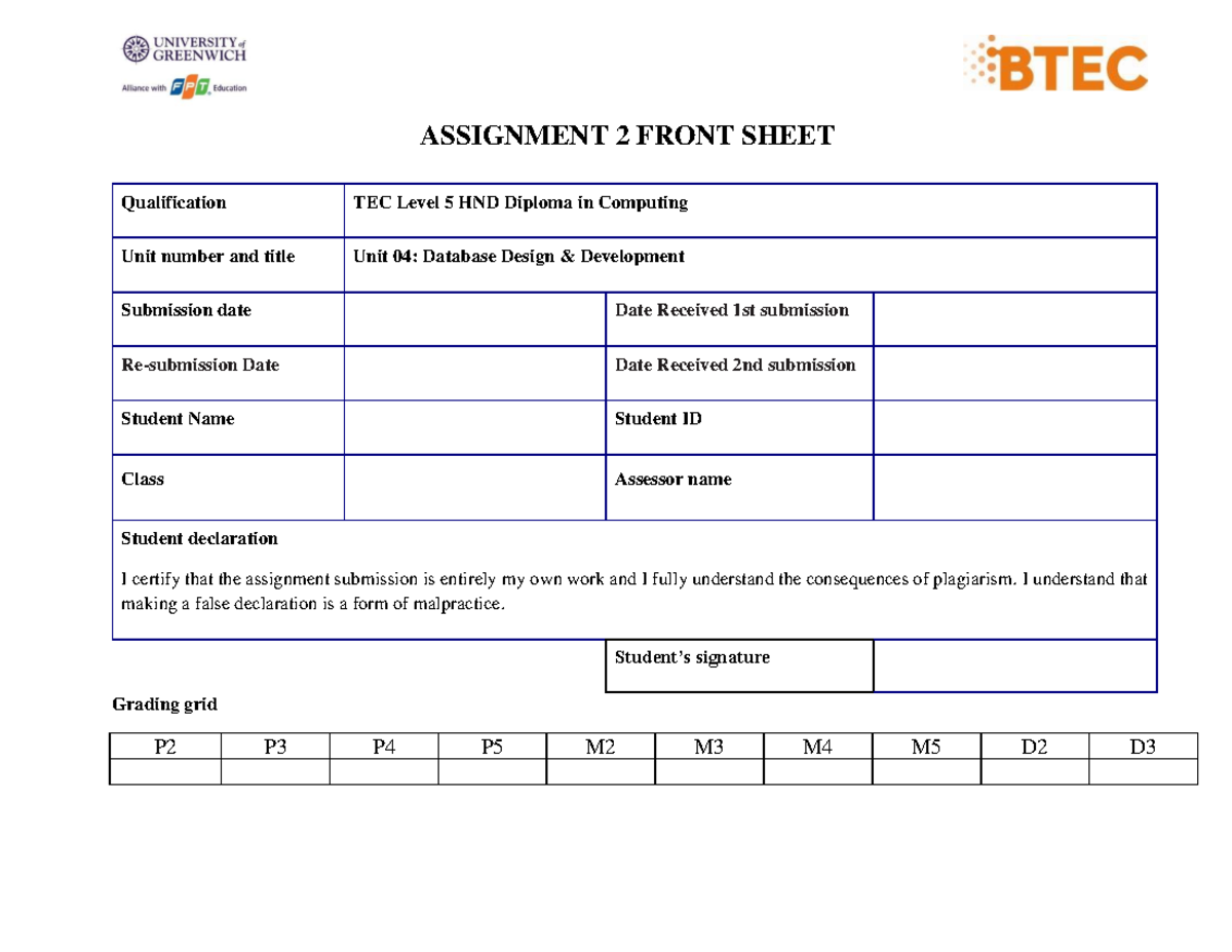 assignment database - ASSIGNMENT 2 FRONT SHEET Qualification TEC Level 5 HND Diploma in ...