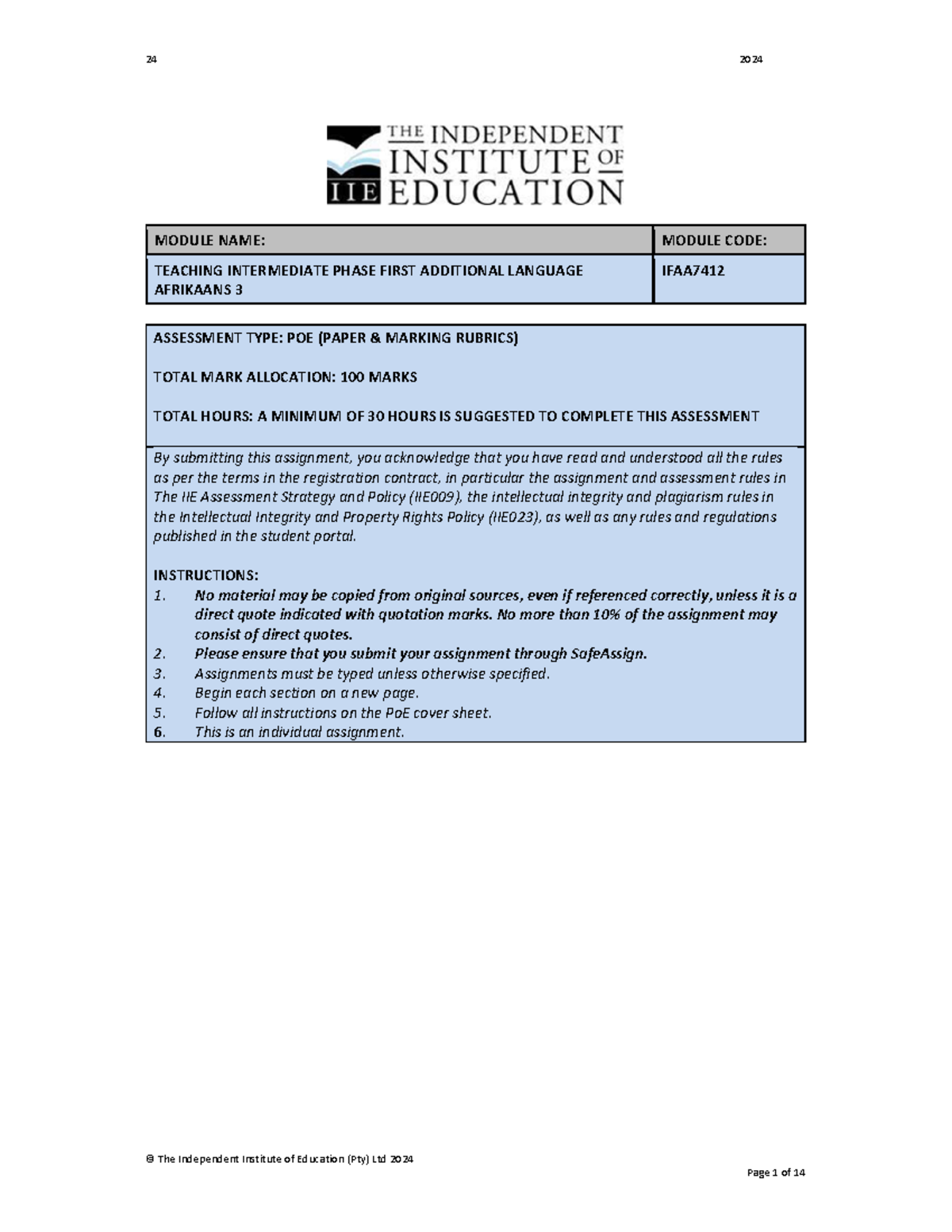 IFFA7412 POE - assessments - © The Independent Institute of Education ...