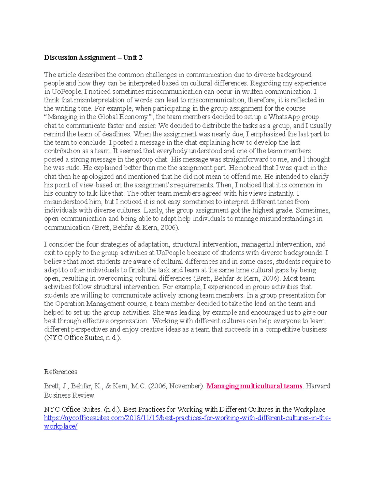 DA-Unit 2 - Discussion Assignment -Unit 2 - Discussion Assignment – Unit 2 The article describes ...