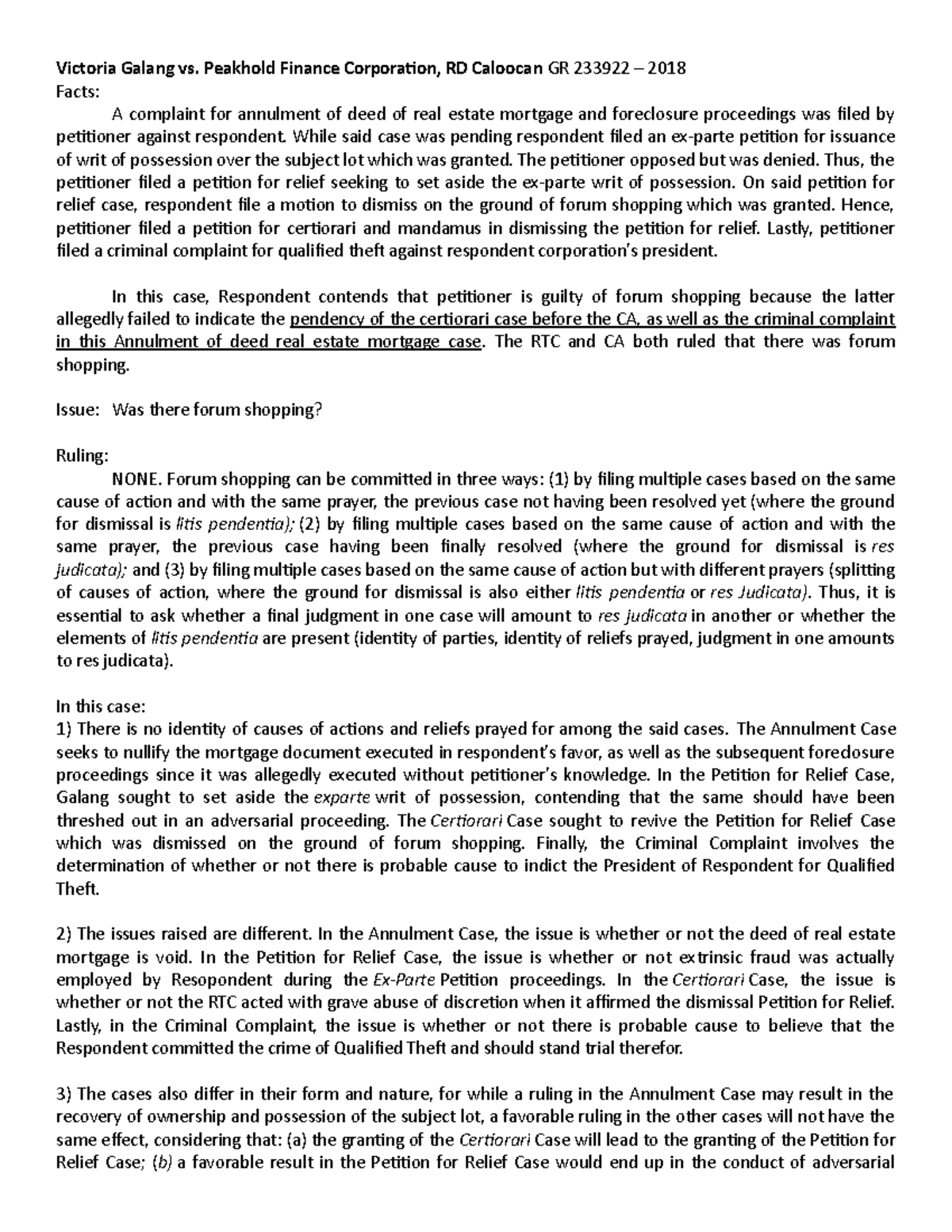Victoria Galang vs. Peakhold Finance Corporation, RD Caloocan GR 233922 ...
