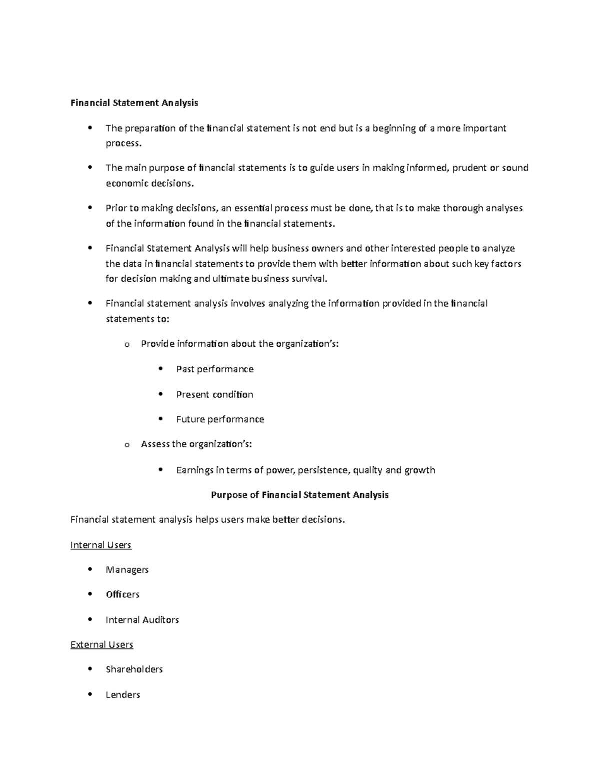 Financial Statement Analysis notes - Financial Statement Analysis The ...