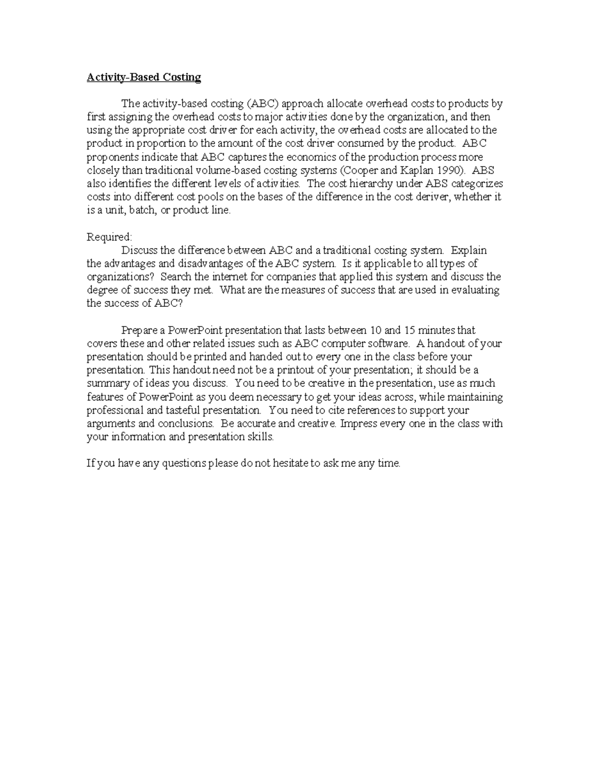 Activity-Based Costing Case - Activity-Based Costing The activity-based ...