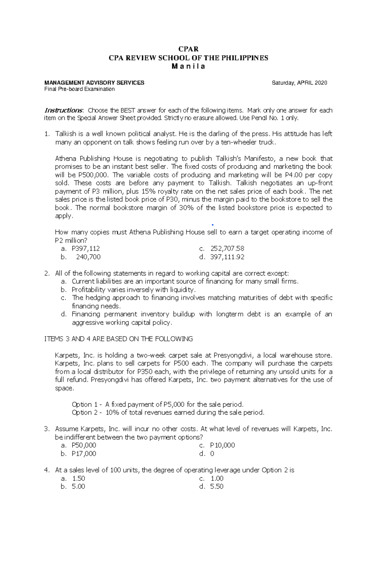 MAS Final - Questions - CPAR CPA REVIEW SCHOOL OF THE PHILIPPINES M a n ...