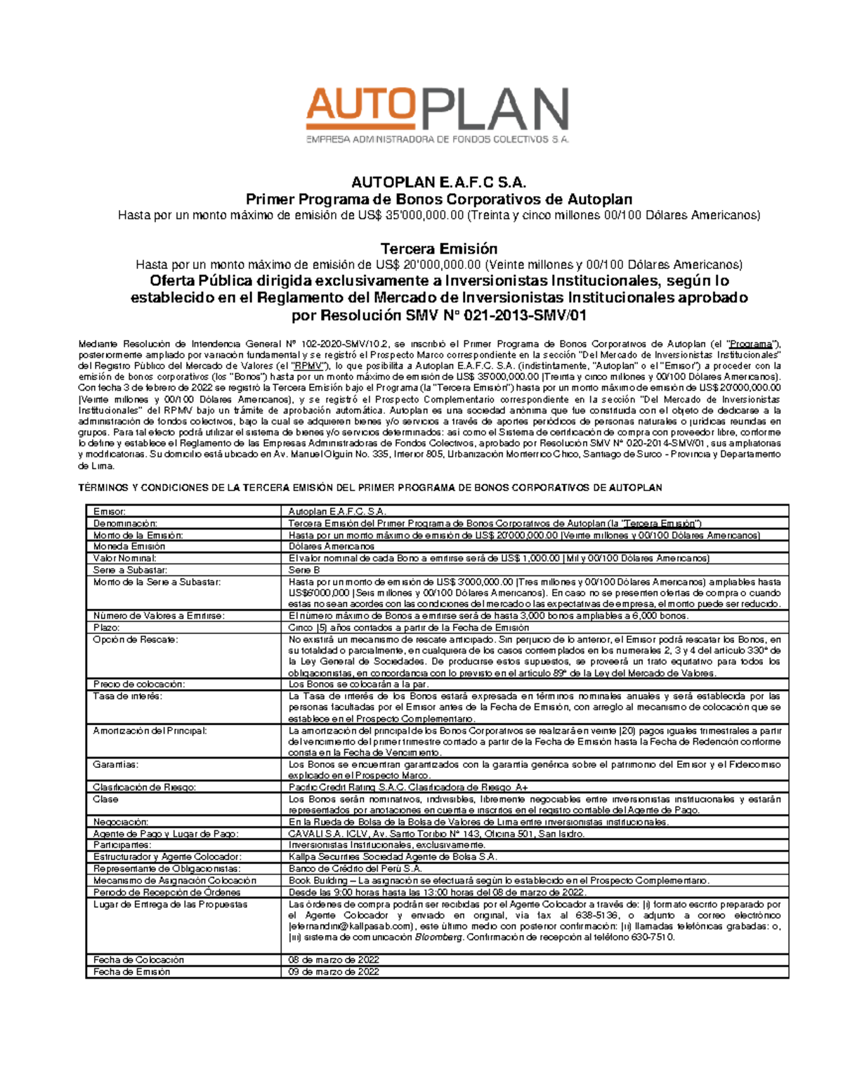 Autoplan - AUTOPLAN E.A.F S. Primer Programa de Bonos Corporativos de ...