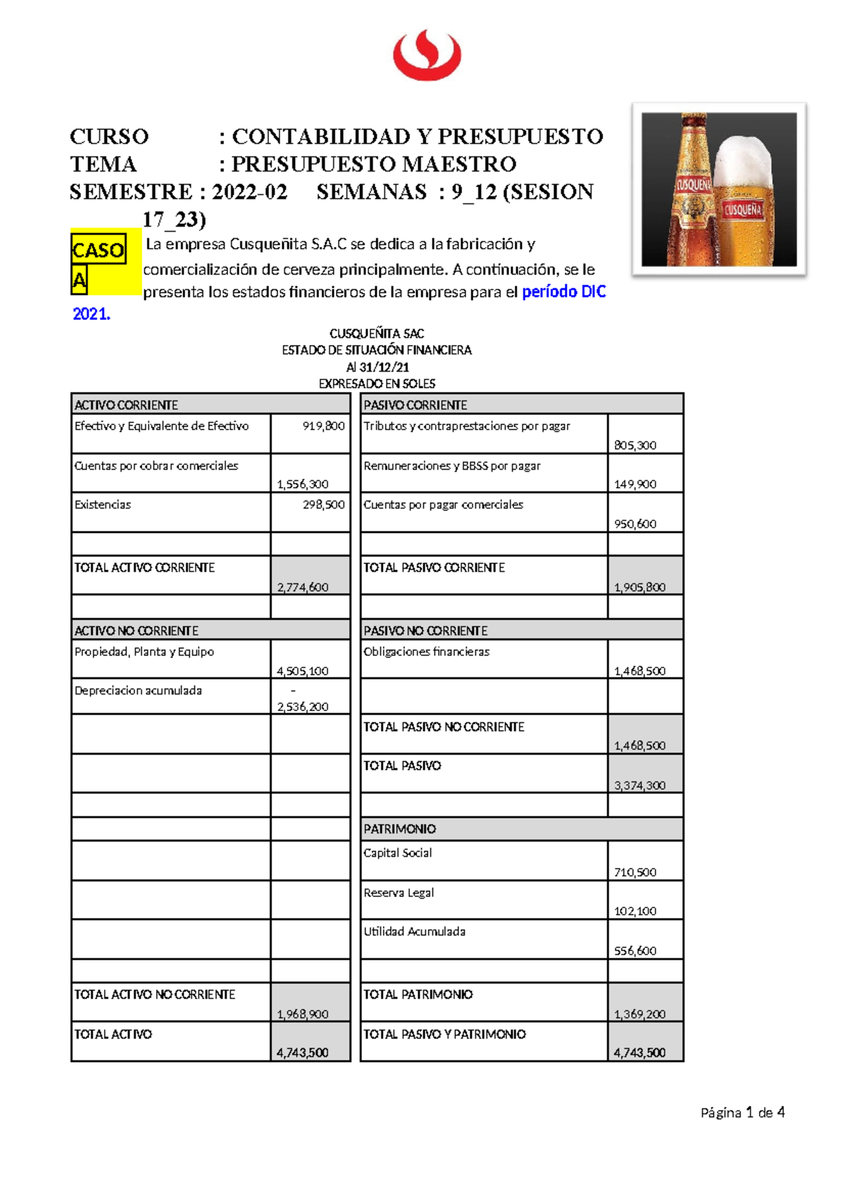 PM A Cusqueñita - ejercicio excel - CURSO : CONTABILIDAD Y PRESUPUESTO TEMA : PRESUPUESTO ...