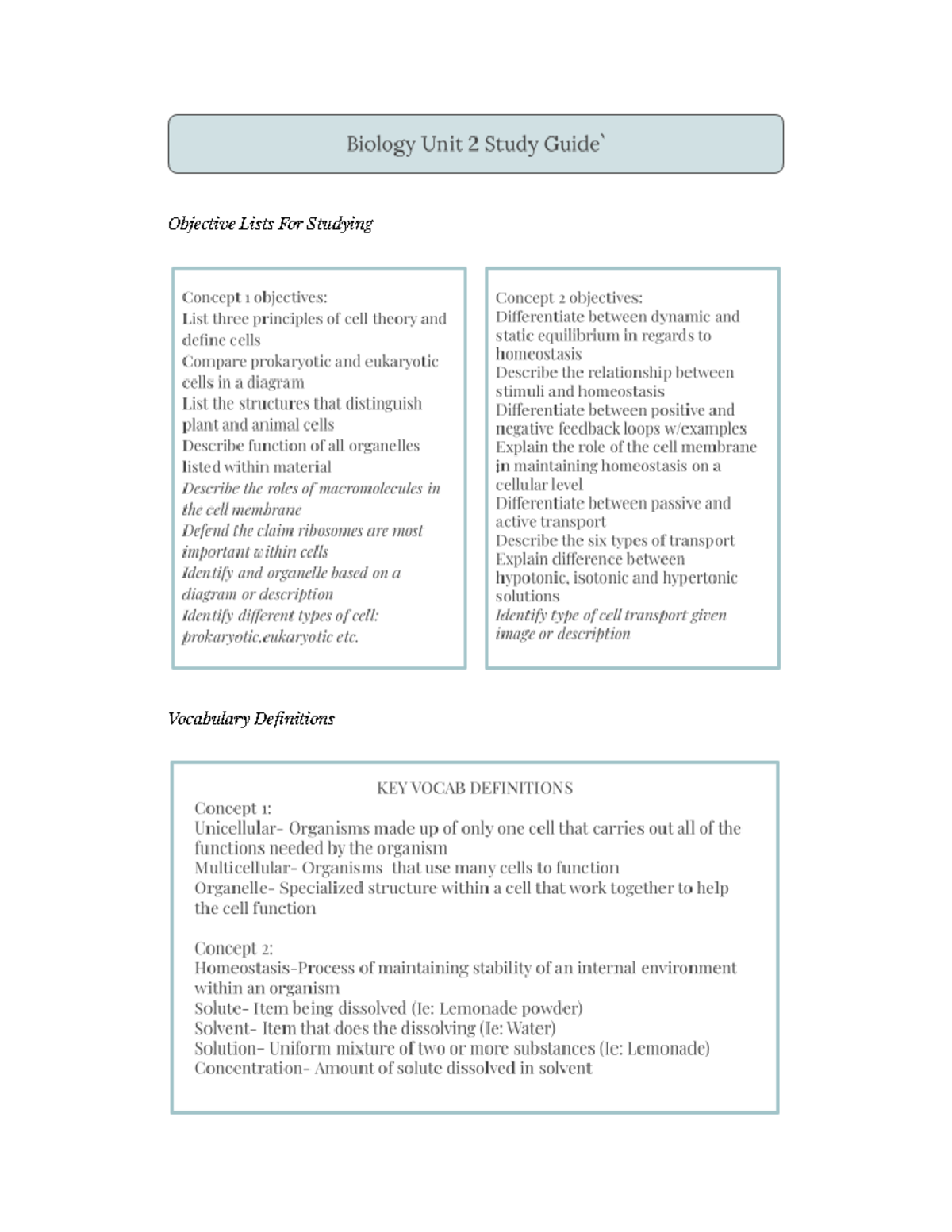 Biology Unit 2 Study Guide - Objective Lists For Studying Vocabulary ...