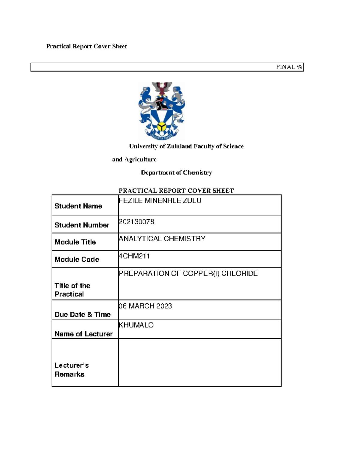 Experiment 1 - analytical chemistry - Practical Report Cover Sheet ...