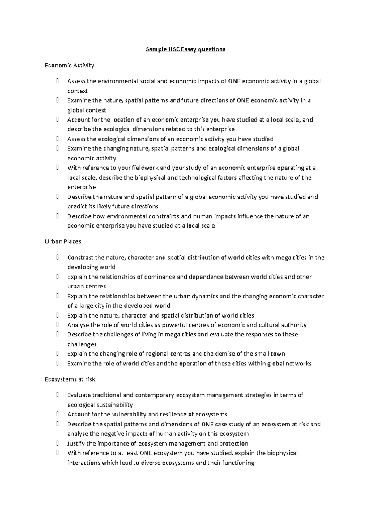 Geography Resoucres - Sample HSC Essay Questions - Sample HSC Essay ...