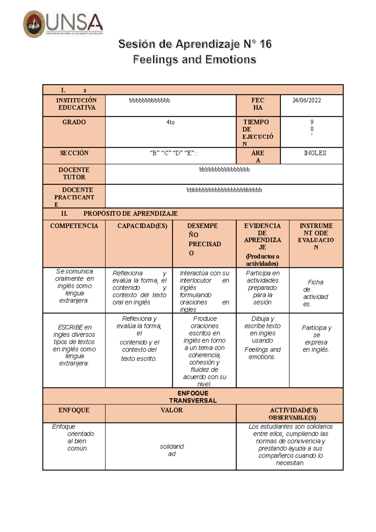Sesion-Feelings and Emotions - I. z INSTITUCIÓN EDUCATIVA bbbbbbbbbbbbb FEC HA 24/06/ GRADO 4to ...