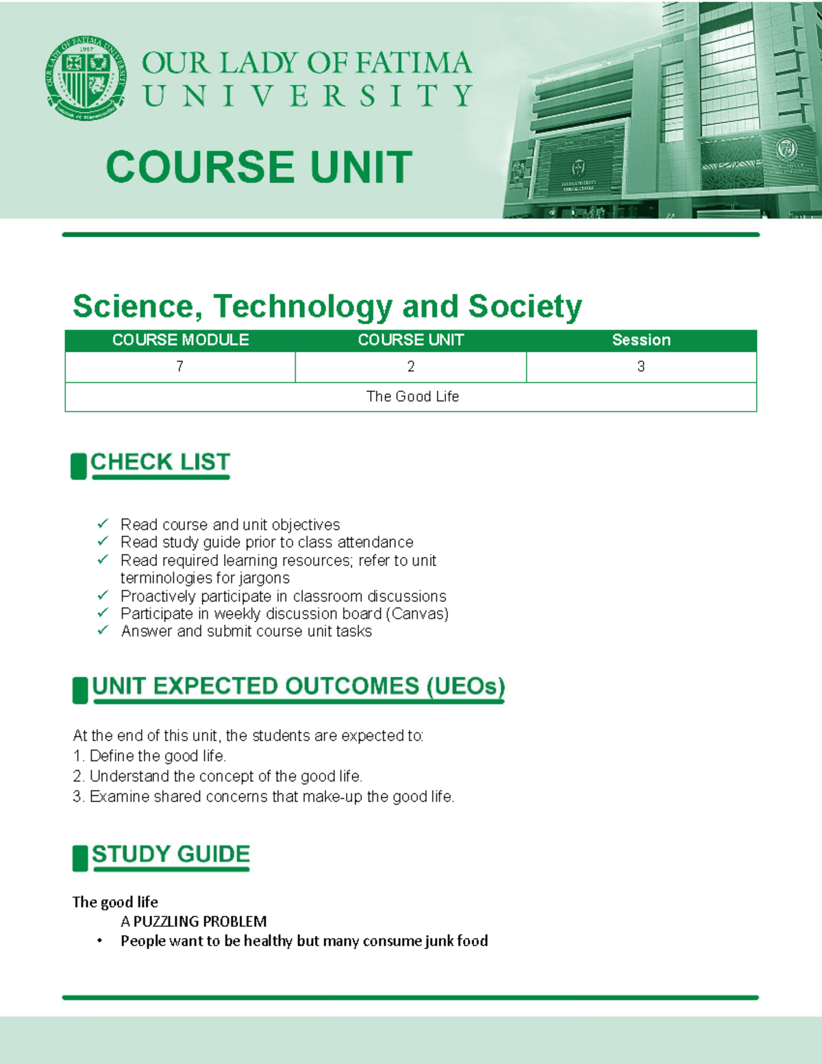 Course unit- good life - Handouts for examinations - Science ...