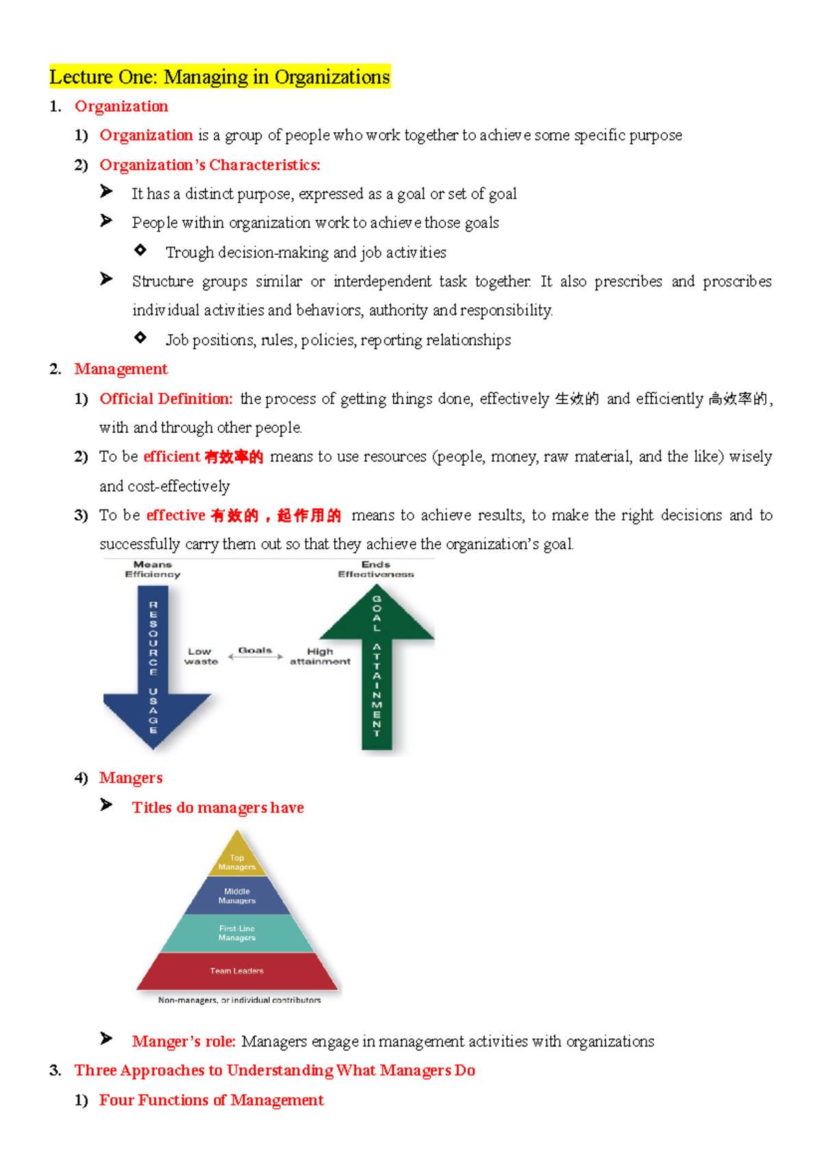 MGMT 321 Notes 1 - Lecture One: Managing in Organizations Organization ...