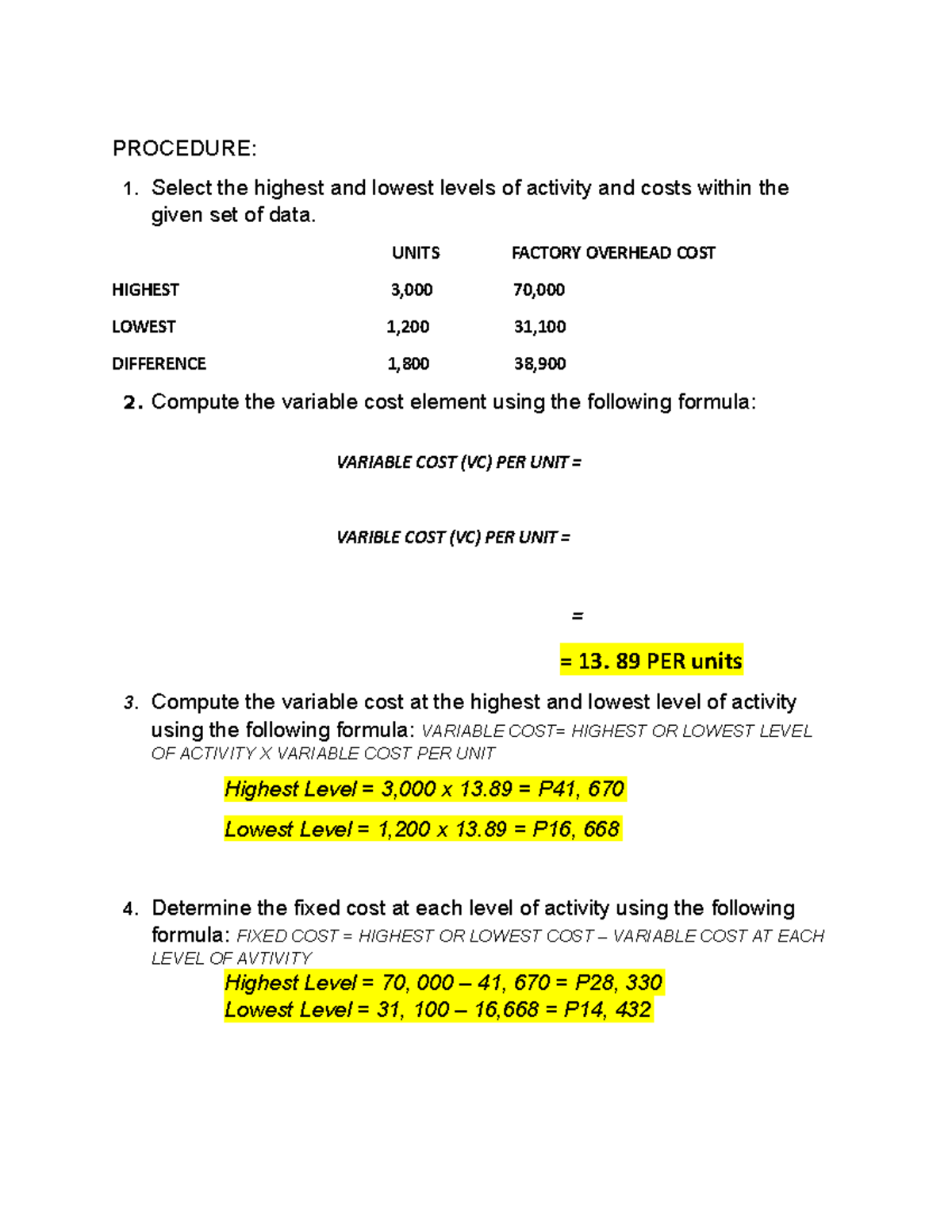 Costing AND Pricing - PROCEDURE: 1. Select the highest and lowest ...