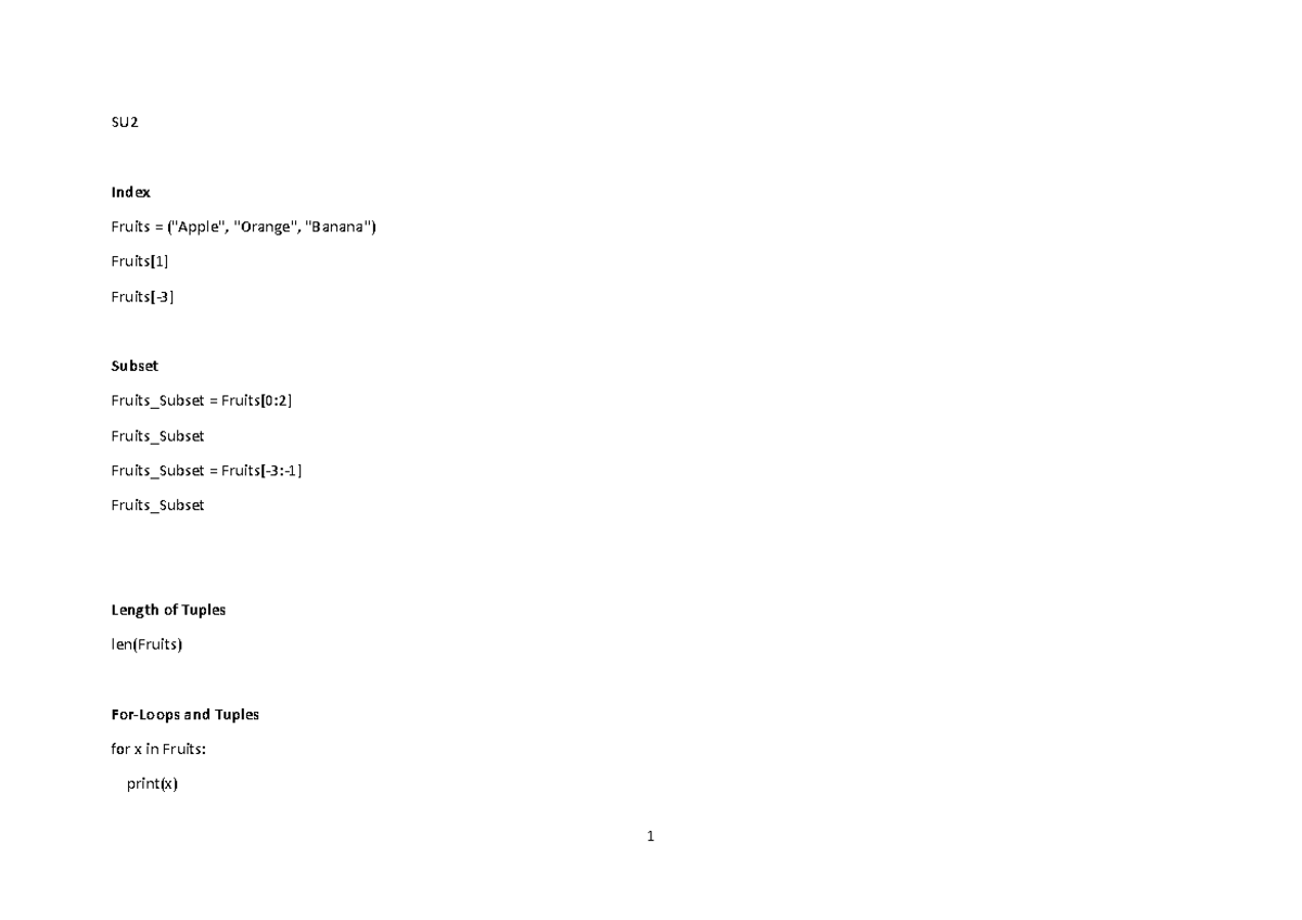 Python codes for ANL252 SU2 - SU Index Fruits = ("Apple", "Orange", - Studocu