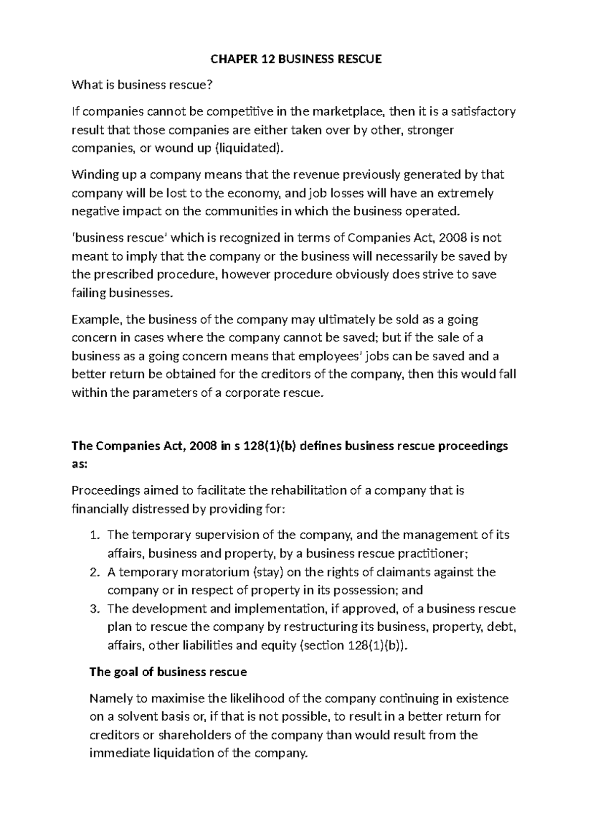 Business rescue notes - CHAPER 12 BUSINESS RESCUE What is business ...