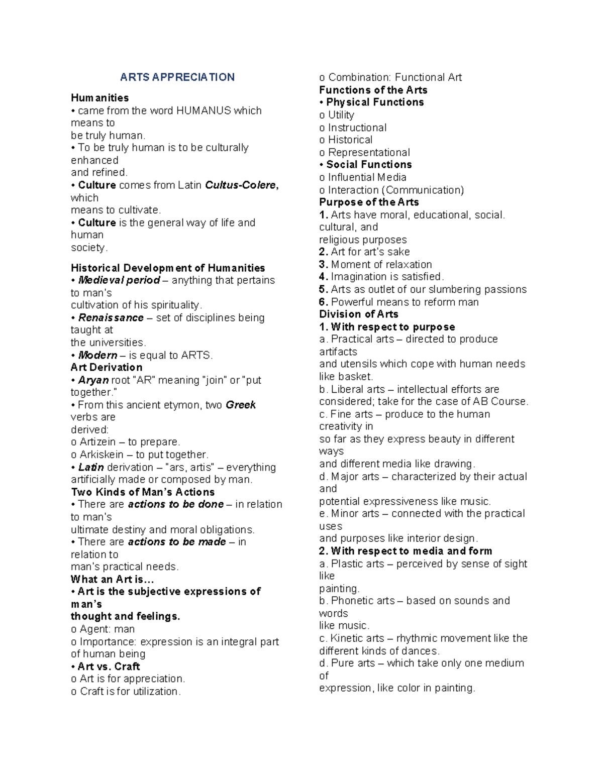 ARTS Appreciation - summary module - ARTS APPRECIATION Humanities came from the word HUMANUS ...