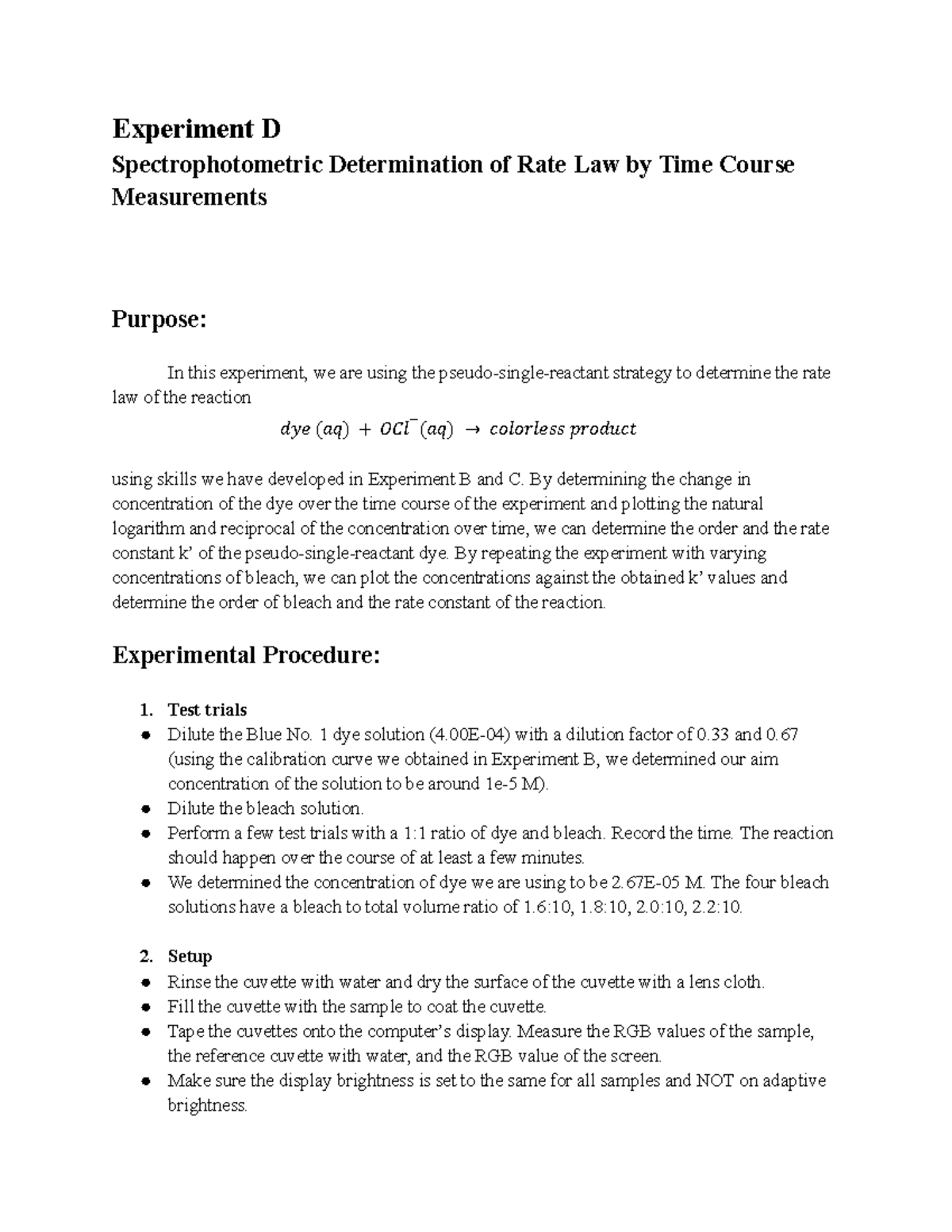 Experiment D Short Lab Report - Experiment D Spectrophotometric ...