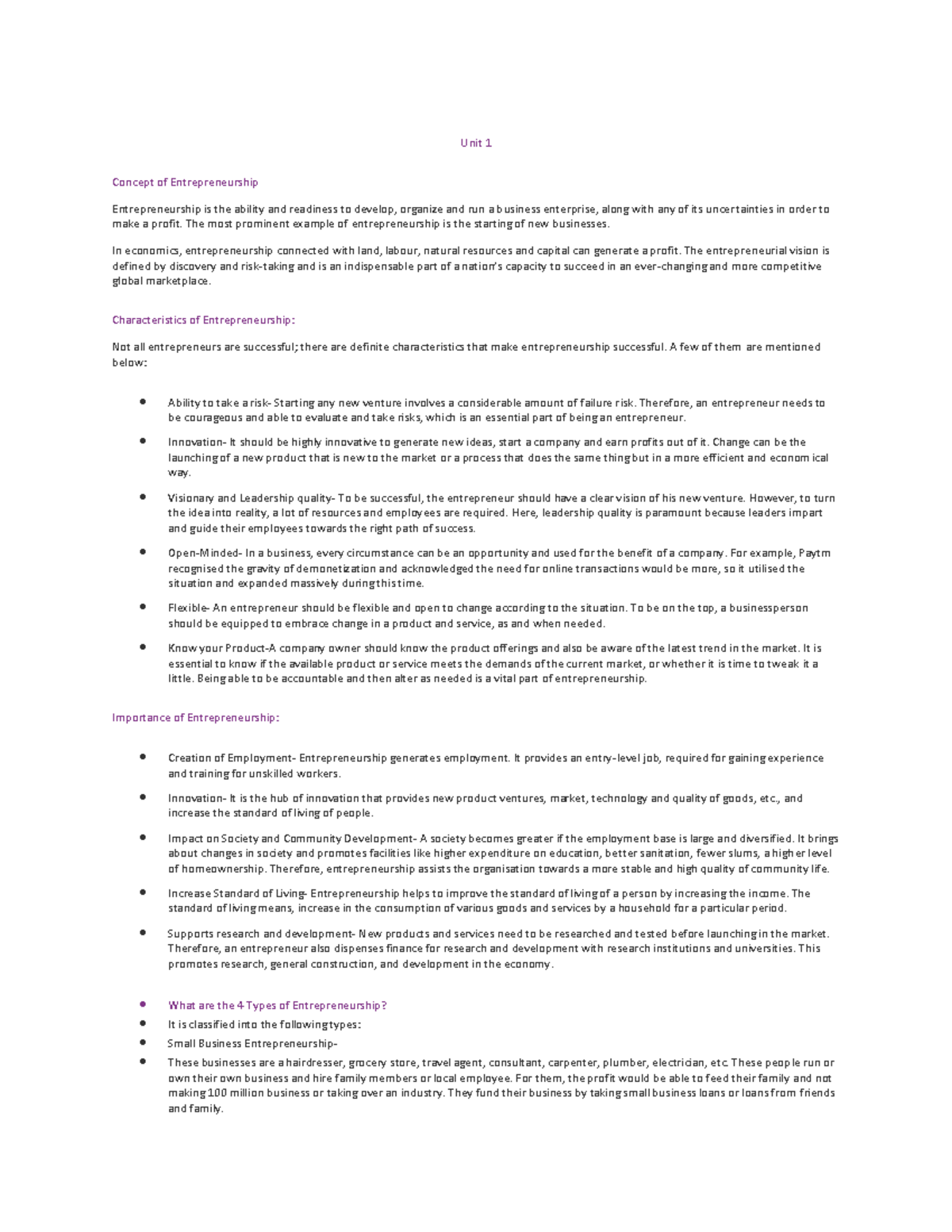 Ed unit 1 - Entrepreneurship - Unit 1 Concept of Entrepreneurship ...