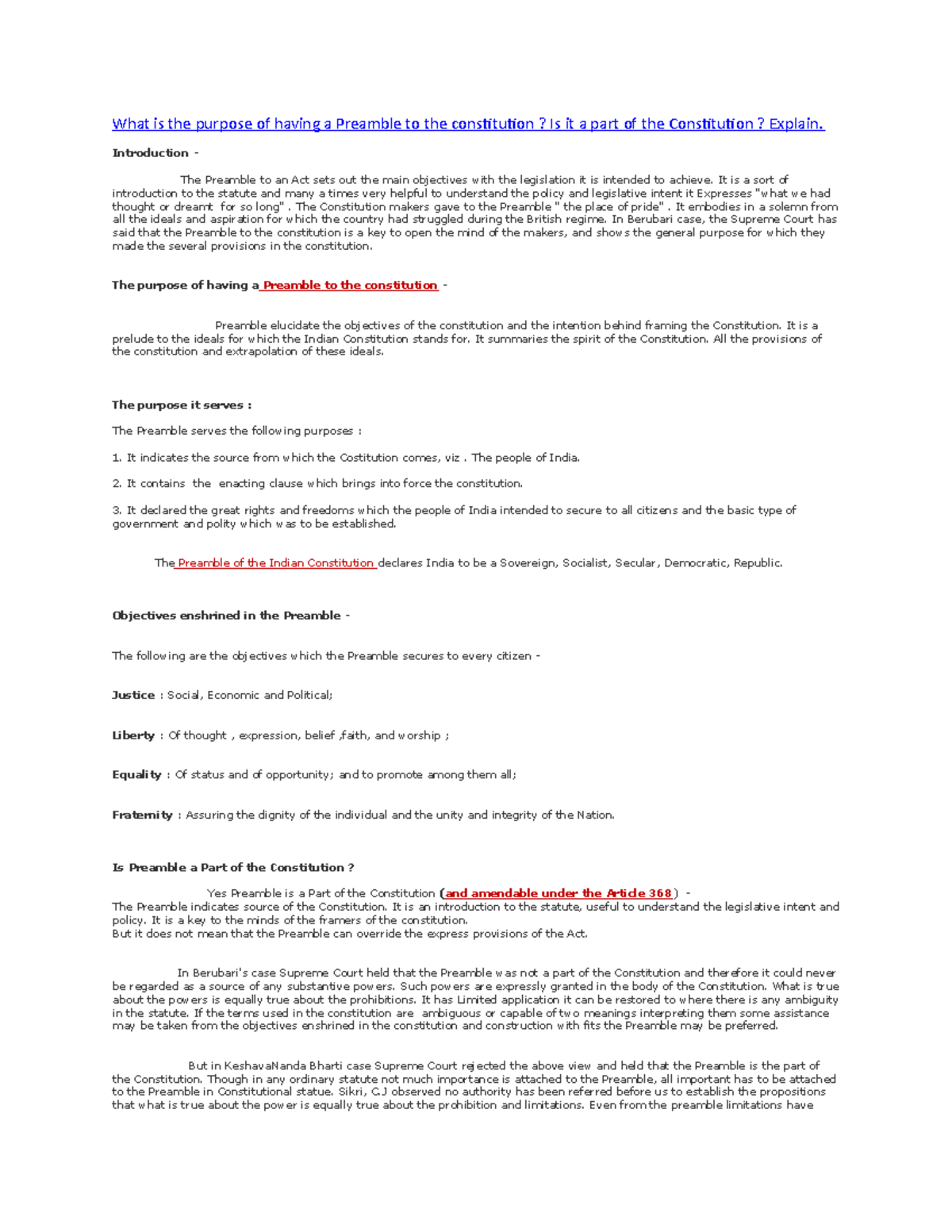 What is the purpose of having a Preamble to the constitution - Introduction - The Preamble to an ...