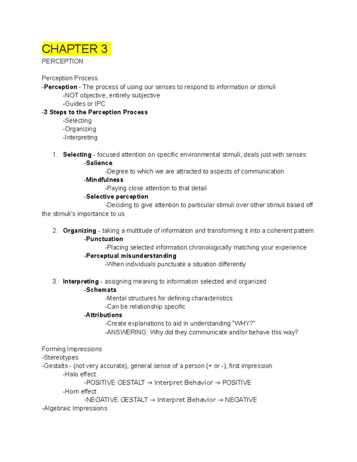 CH 3 & 4 COMM - CH 3 & 4 COMM - CHAPTER 3 PERCEPTION Perception Process ...