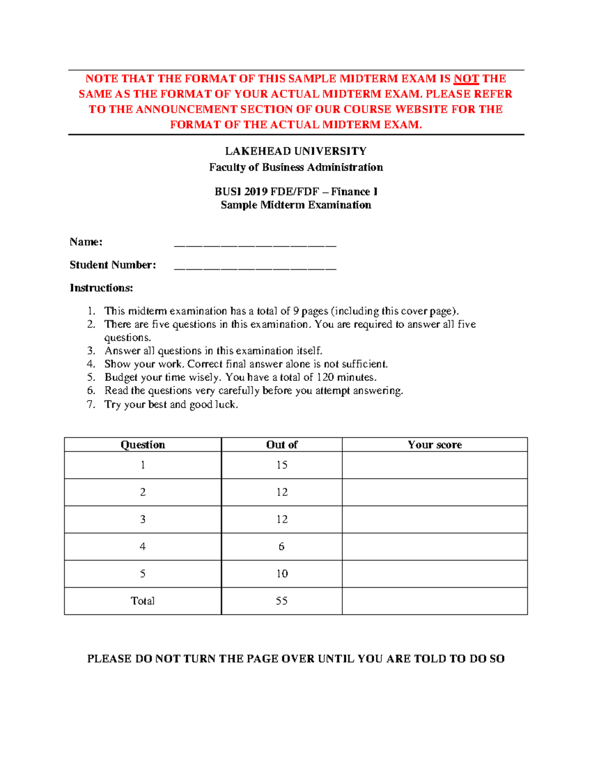 Sample Midterm Exam - Finance I - Studocu