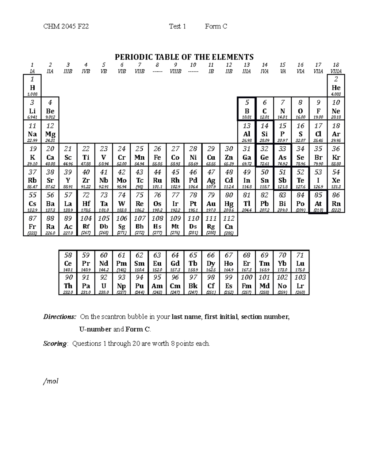 CHM 2045 Exam 1 Answers - Form C - PERIODIC TABLE OF THE ELEMENTS 1 IA ...