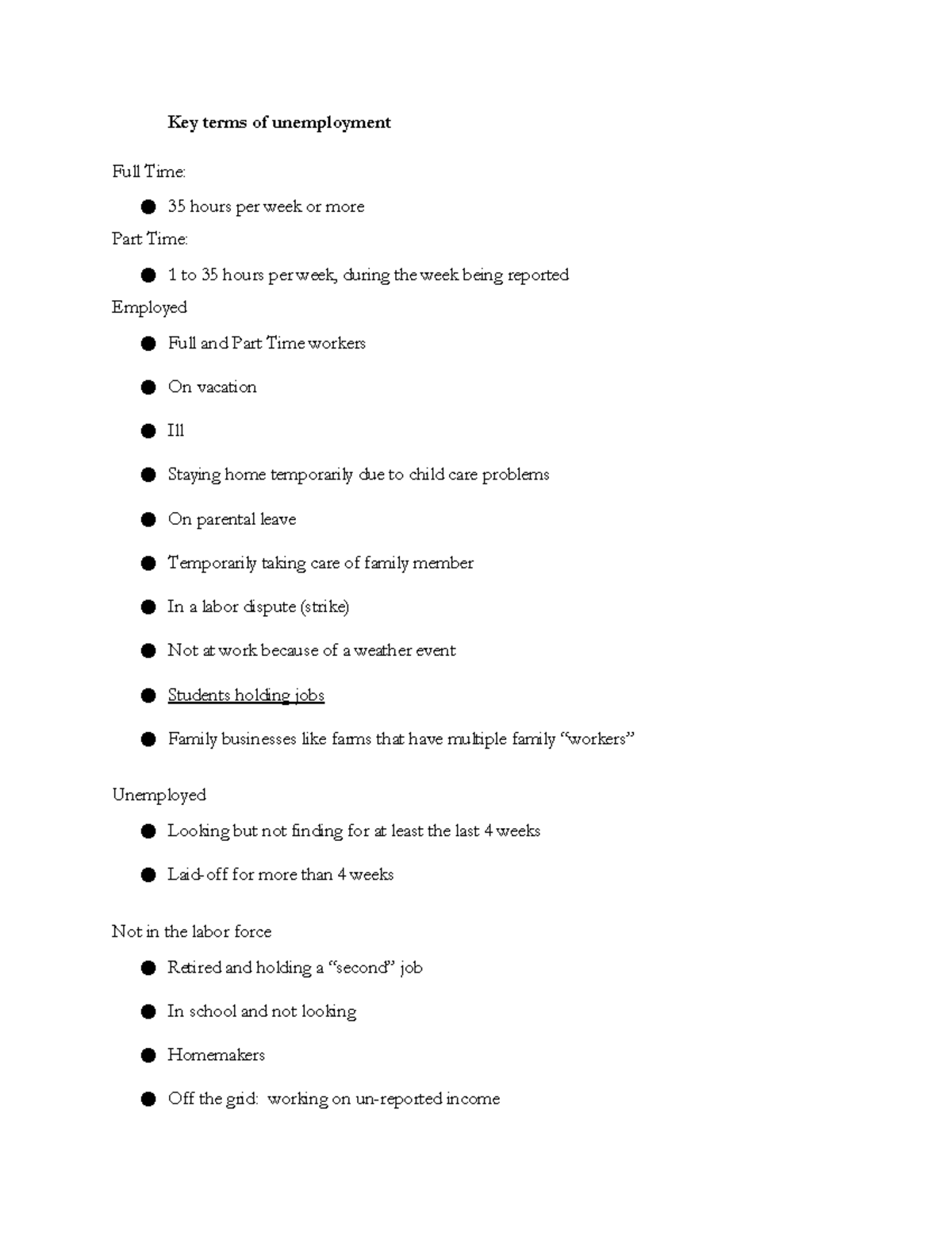 2.3A Employment Notes assignment - Key terms of unemployment Full Time ...