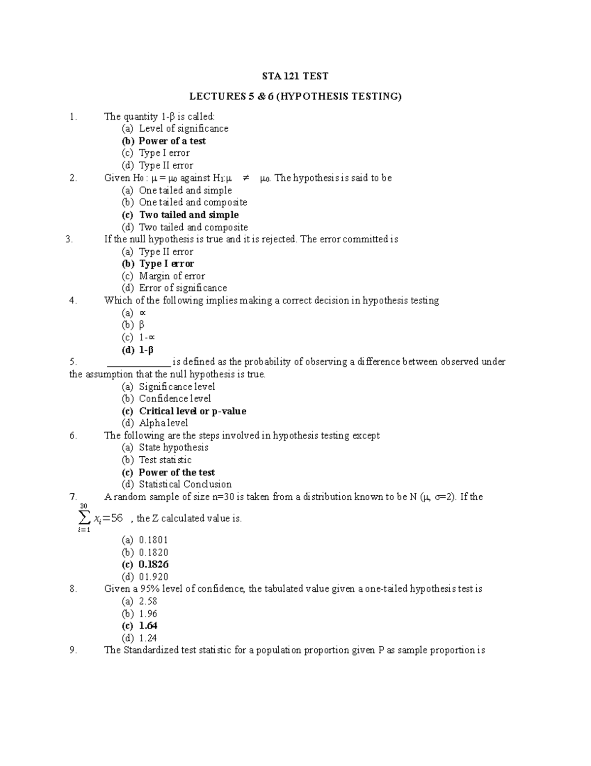 TEST 28 November 2019, questions and answers - STA 121 TEST LECTURES 5 ...