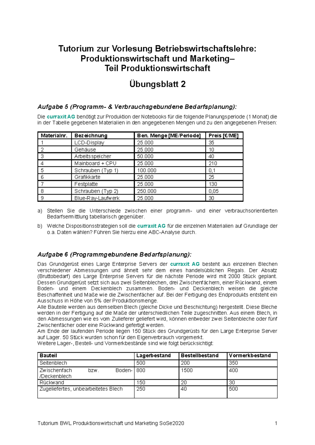 BWL PM Produktionswirtschaft Tutorium 2 Aufgaben - Tutorium BWL Produktionswirtschaft und ...