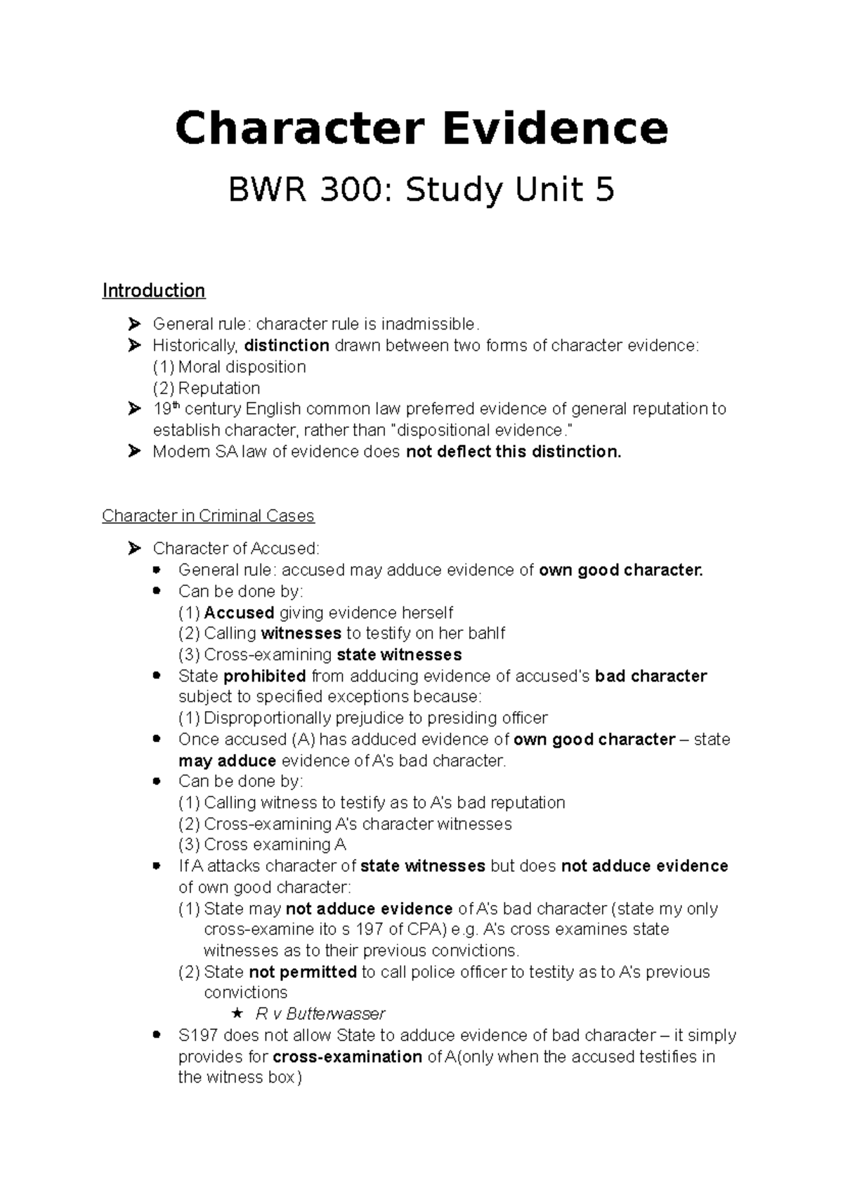 Character Evidence - Study Unit 5 - Character Evidence BWR 300: Study ...