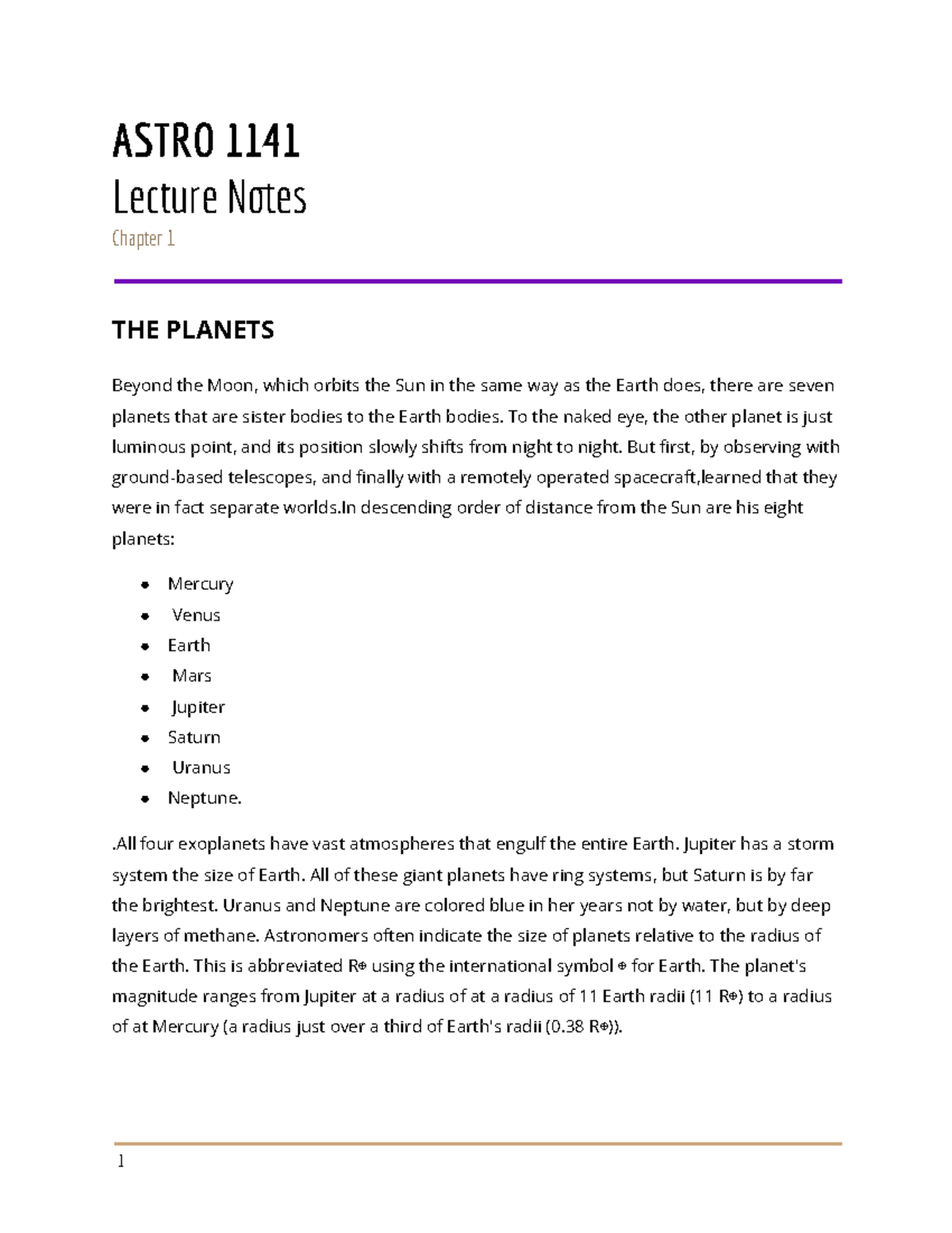 Astro 1141 Chapter 1 - ASTRO 1141 Lecture Nes Chapter 1 THE PLANETS ...