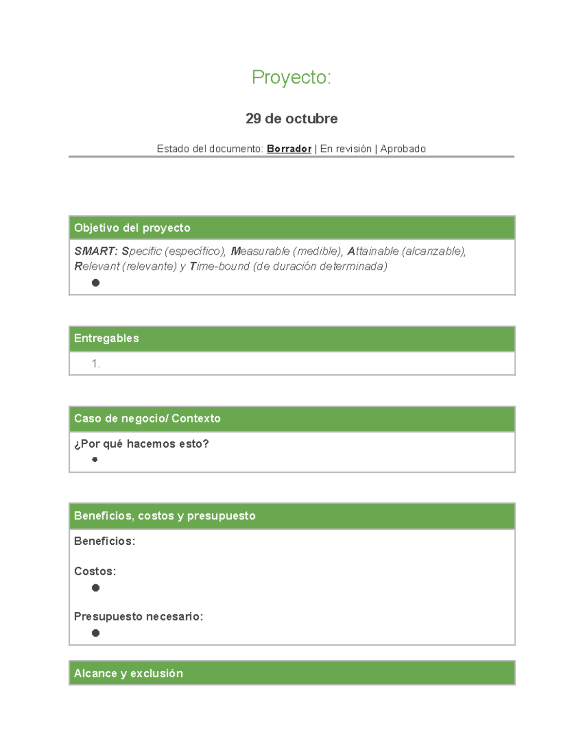 Project Charter - Projec - Proyecto: 29 de octubre Estado del documento ...