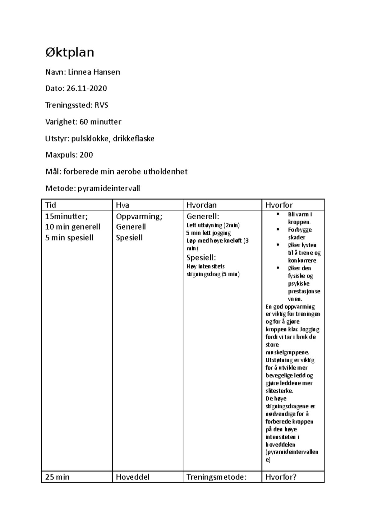 øktplan pyramideintervall - Øktplan Navn: Linnea Hansen Dato: 26 ...