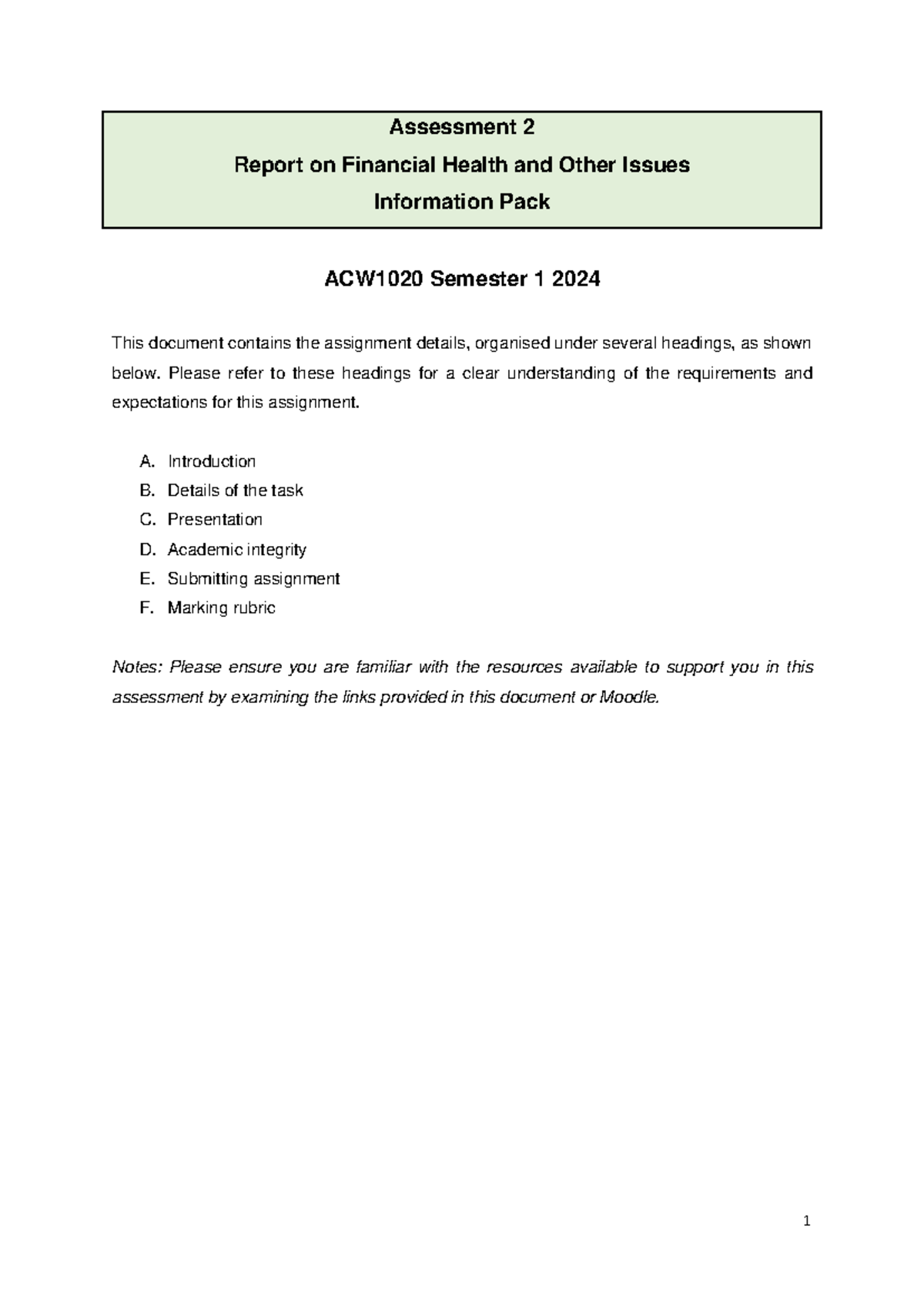 Financial Report Info pack - Assessment 2 Report on Financial Health ...