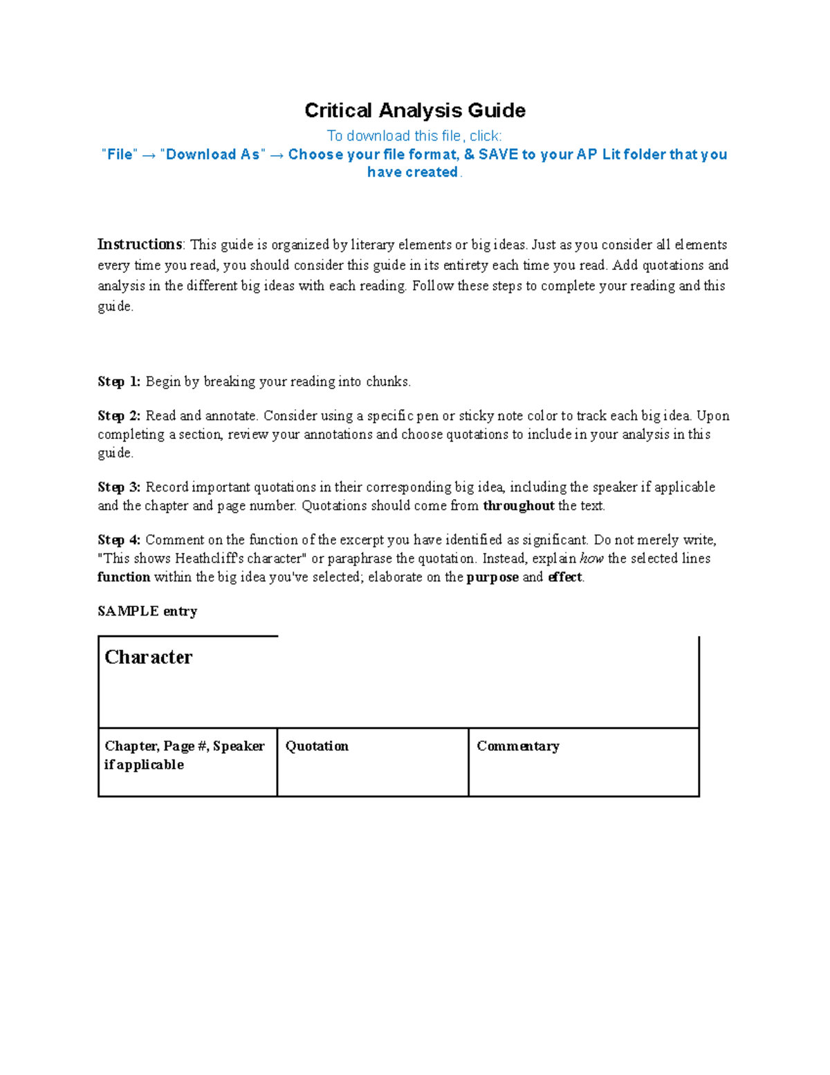 Critical Analysis Guide - Instructions: This guide is organized by ...