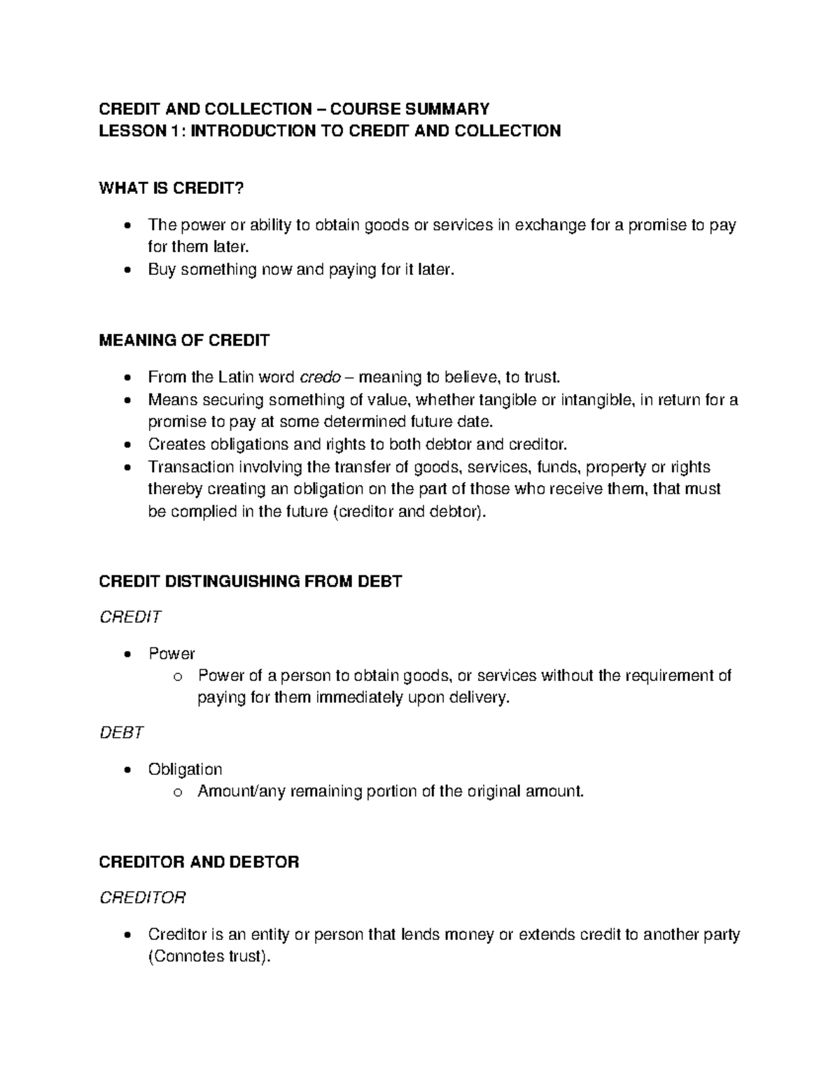 Credit and Collection Course Summary - Studocu