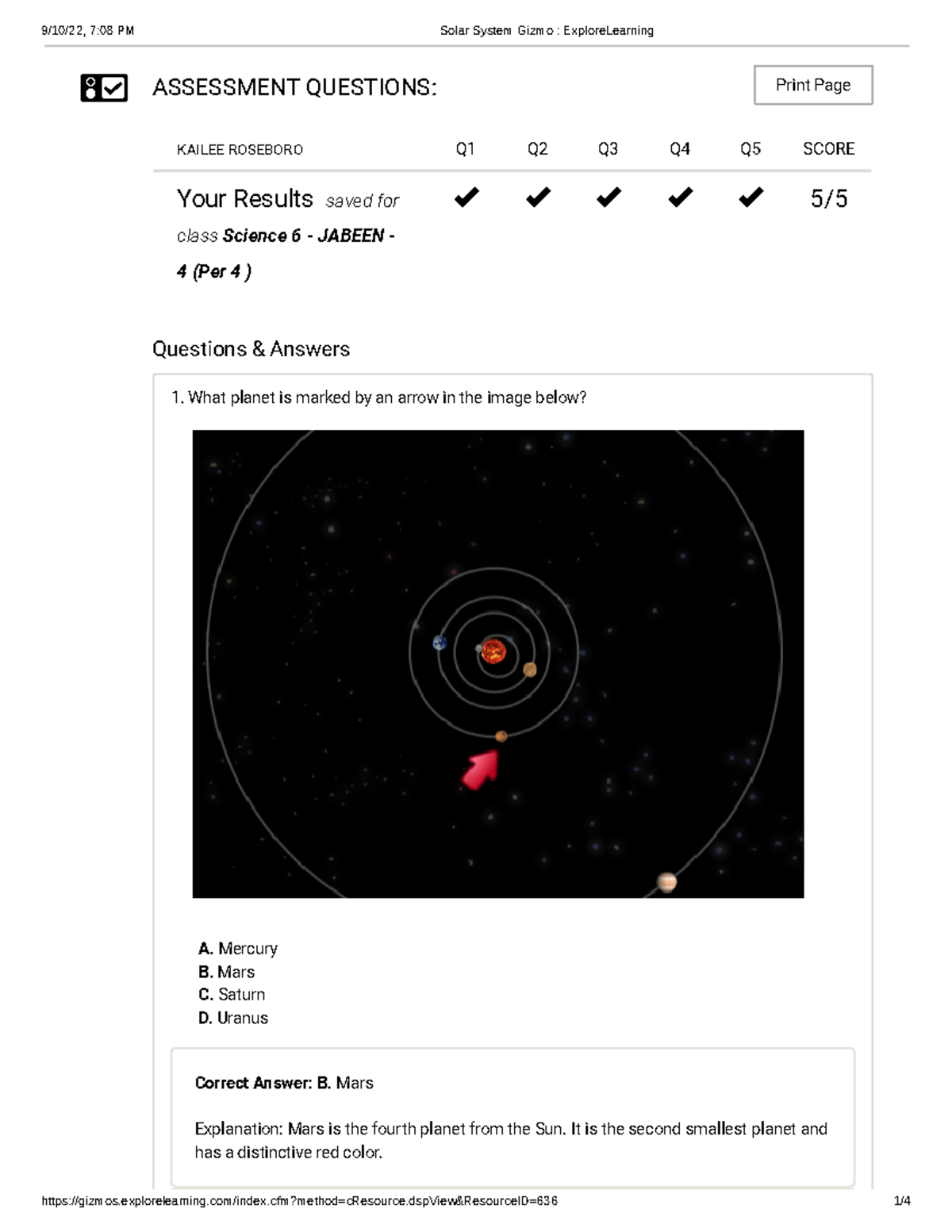 Solar System Gizmo Explore Learning - ASSESSMENT QUESTIONS: Print Page ...