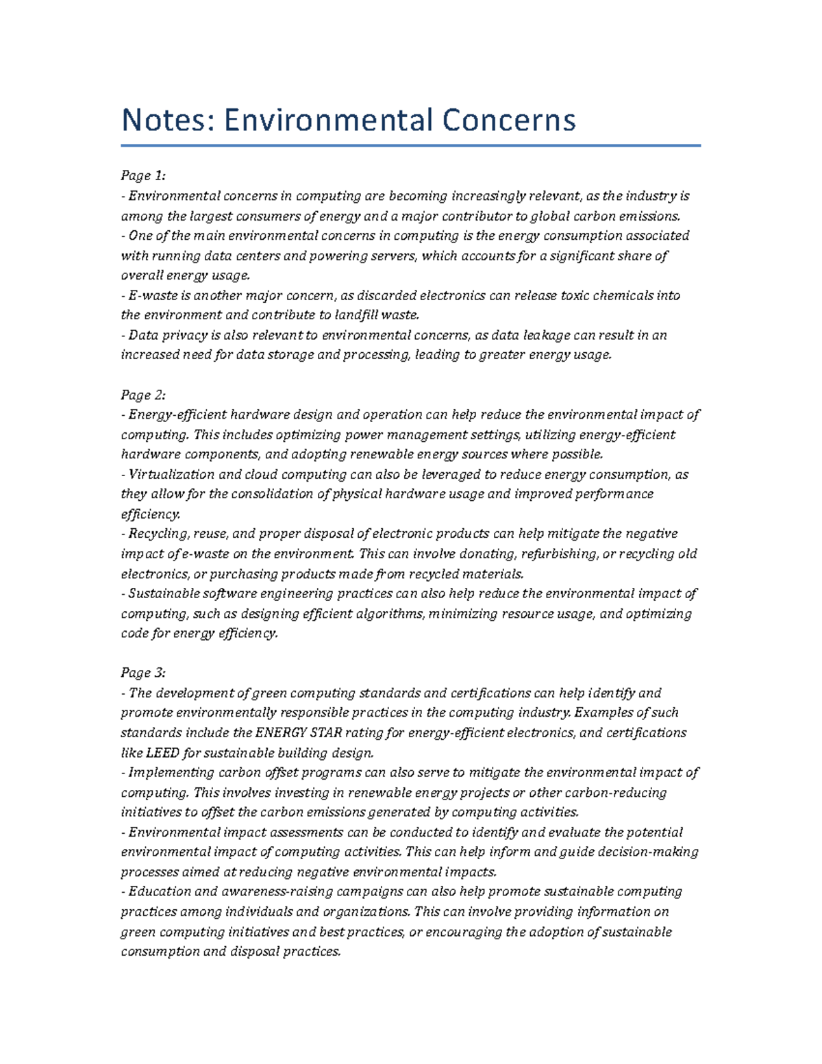 Lecture Notes - Environmental Concerns - Notes: Environmental Concerns ...
