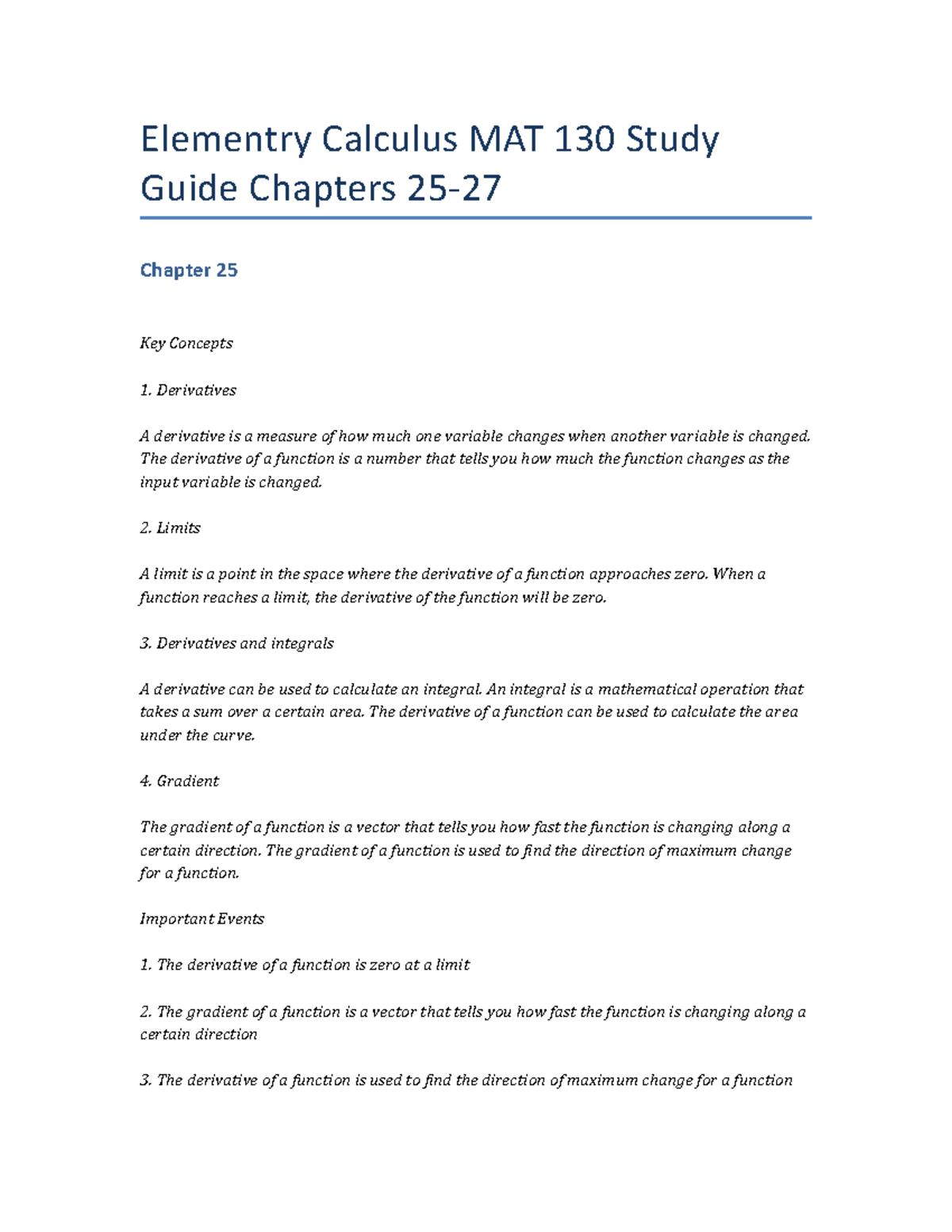 Elementry Calculus MAT 130 Study Guide Chapters 25-27 - Elementry ...