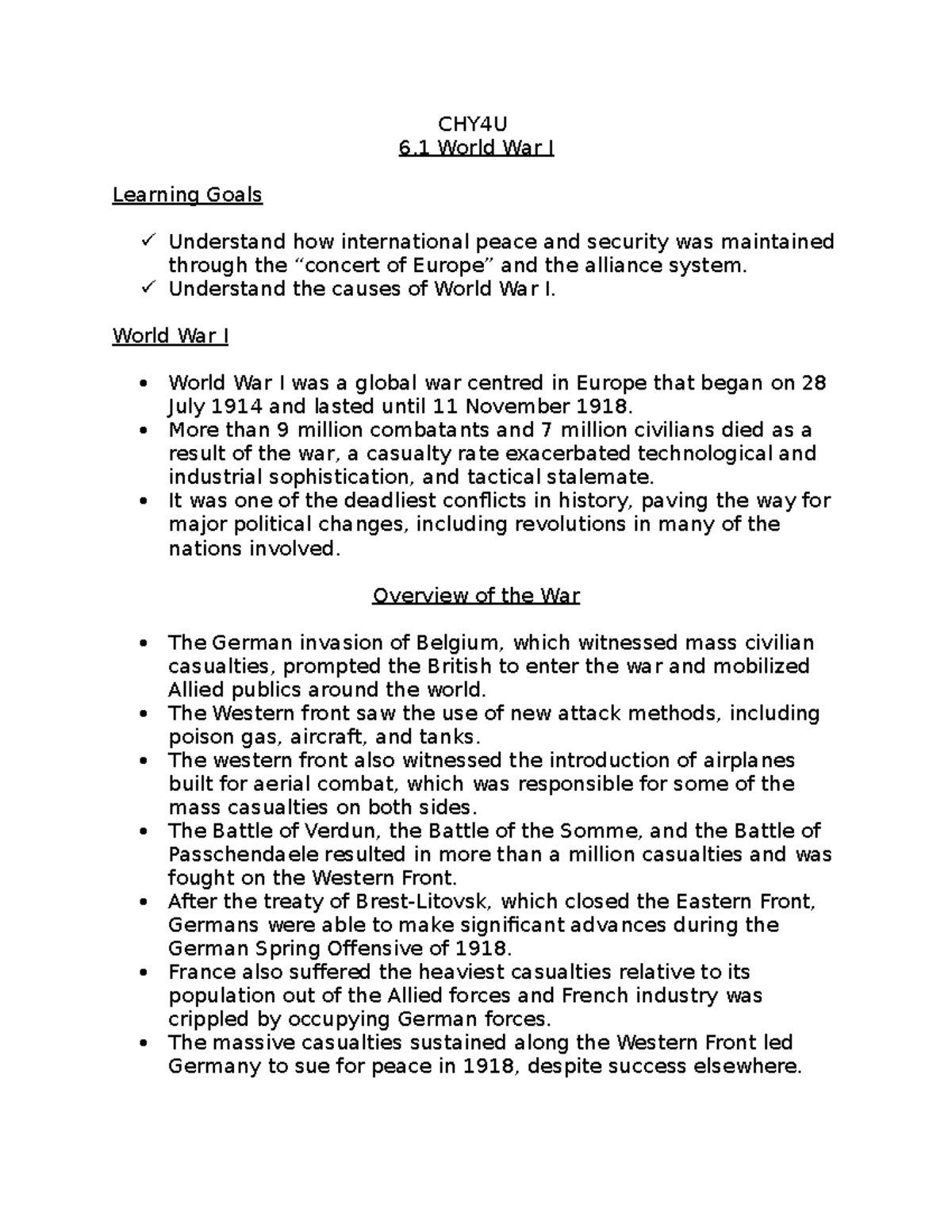 6.1 World War I Notes - CHY4U 6 World War I Learning Goals Understand ...