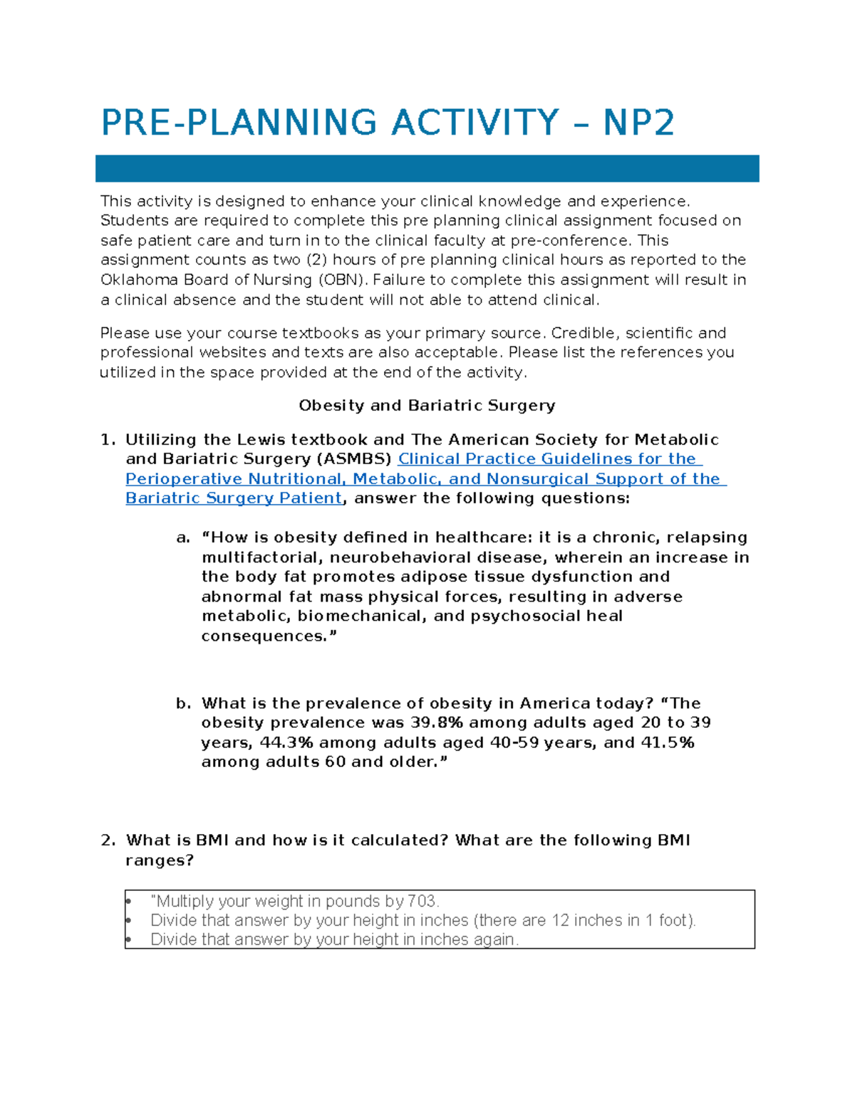 Pre Plan NP2 Obesity Bariatrics student - PRE-PLANNING ACTIVITY – NP ...
