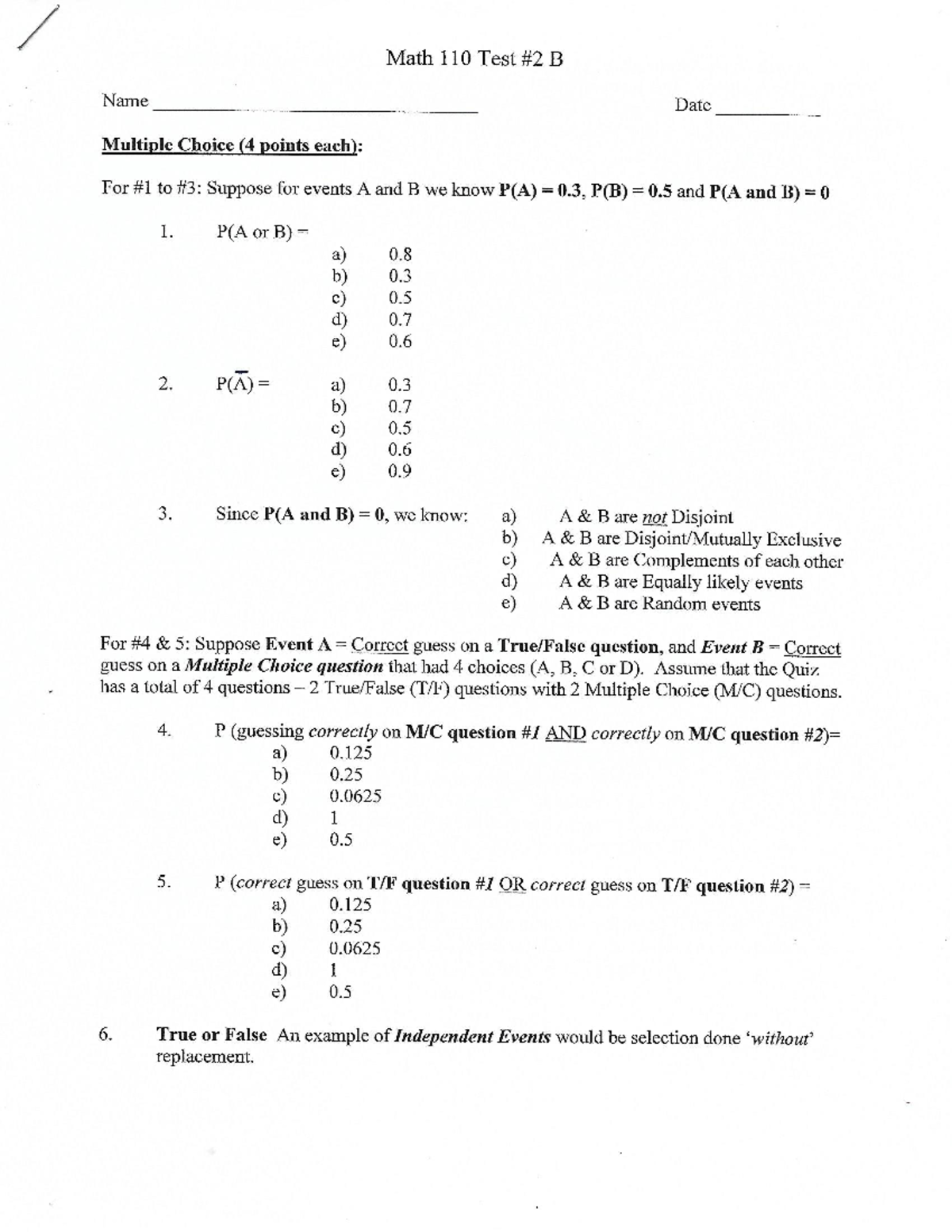 Sample Test #2 - MATH 110 - Mt. SAC - Studocu